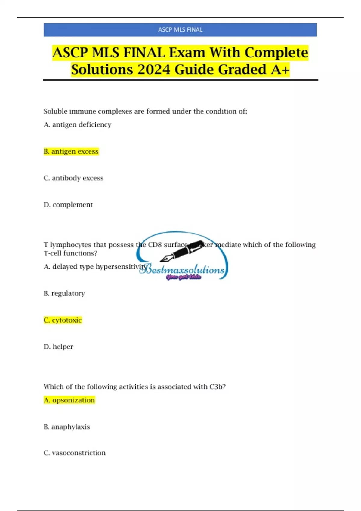 ASCP MLS FINAL Exam With Complete Solutions 2024 Guide Graded A+ - ASCP ...