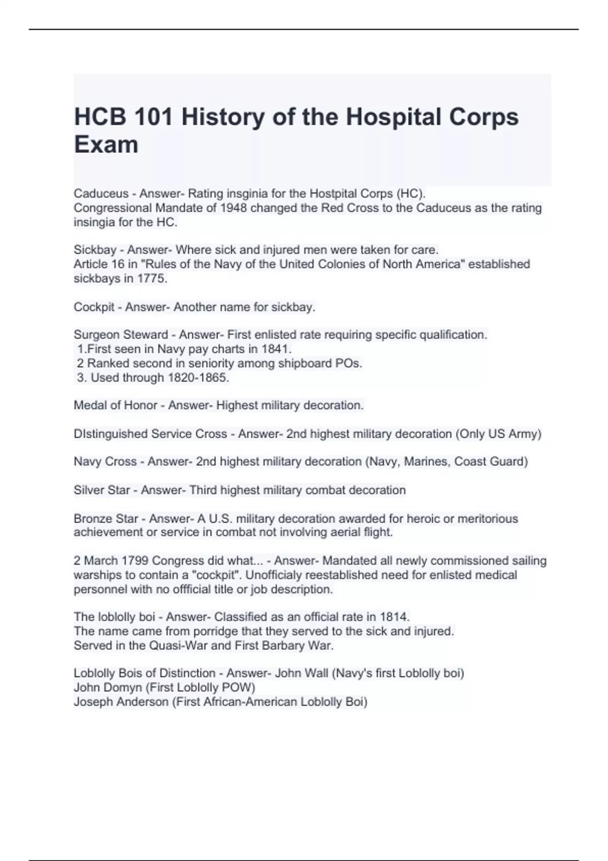 HCB 101 History of the Hospital Corps Exam with correct Answers 100% ...