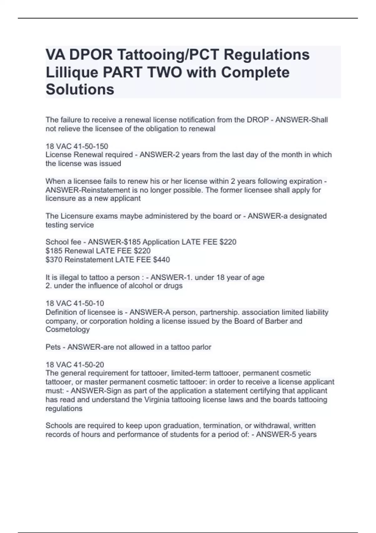 VA DPOR Tattooing/PCT Regulations Lillique PART TWO with Complete ...