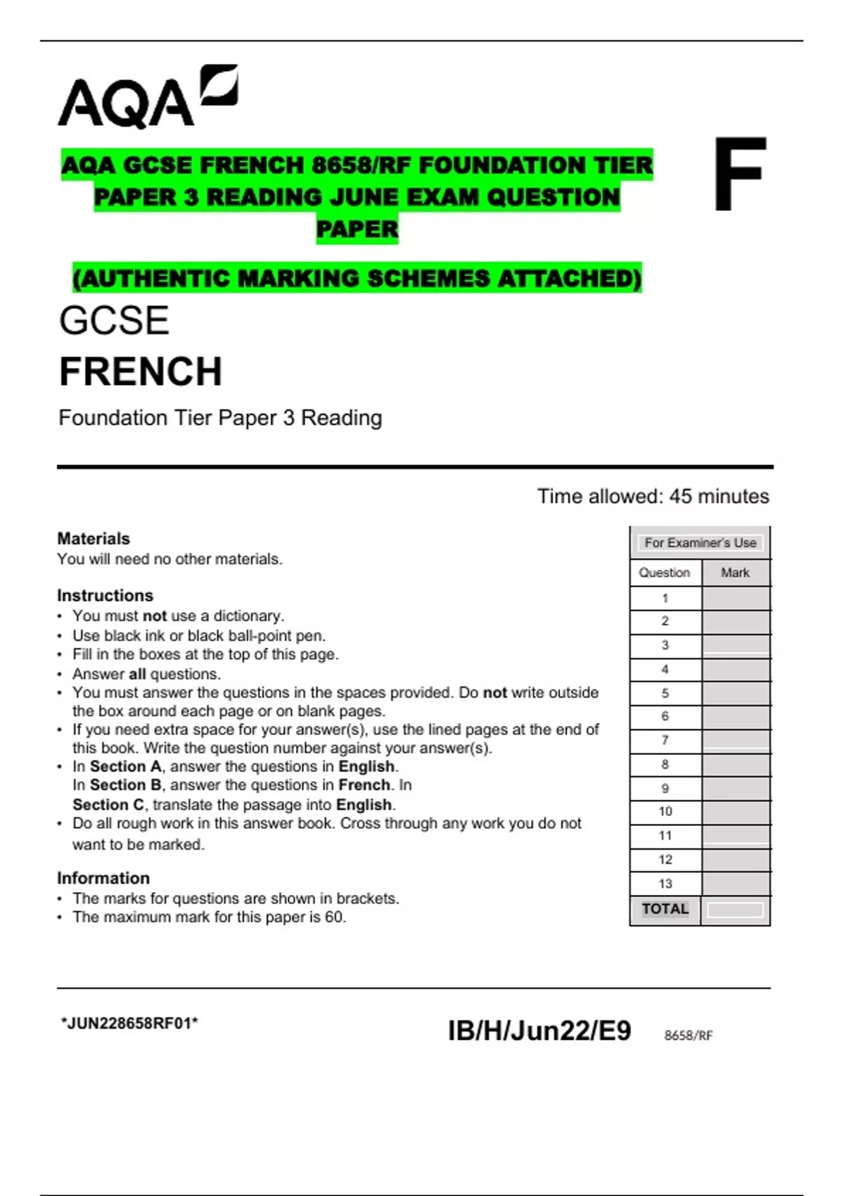 AQA GCSE FRENCH 8658/RF FOUNDATION TIER PAPER 3 READING JUNE EXAM ...