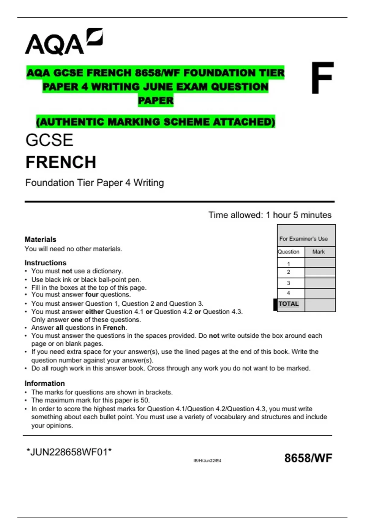AQA GCSE FRENCH 8658/WF FOUNDATION TIER PAPER 4 WRITING JUNE EXAM ...