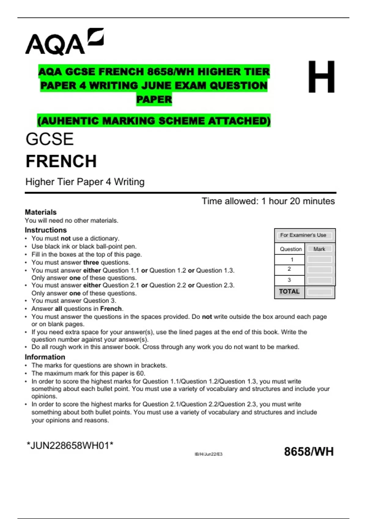 AQA GCSE FRENCH 8658/WH HIGHER TIER PAPER 4 WRITING JUNE EXAM QUESTION ...