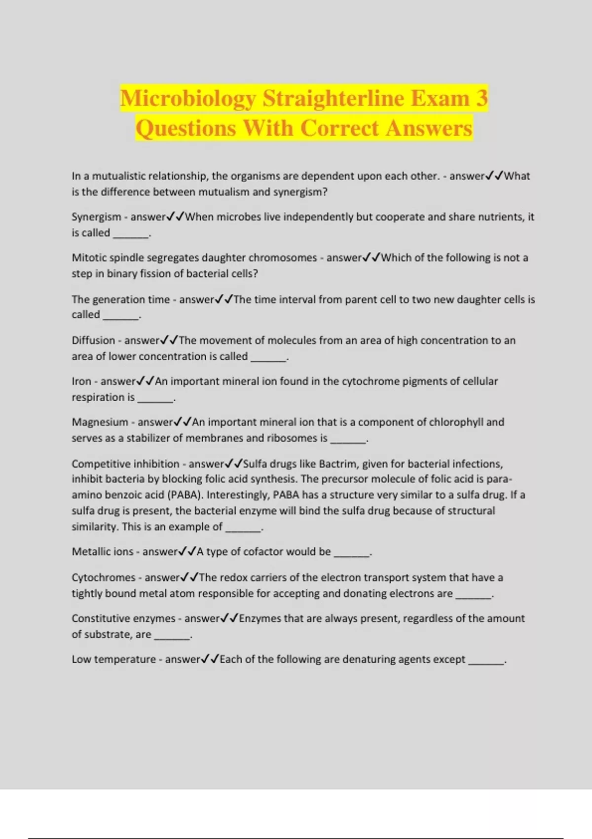Microbiology Straighterline Exam 3 Questions With Correct Answers ...