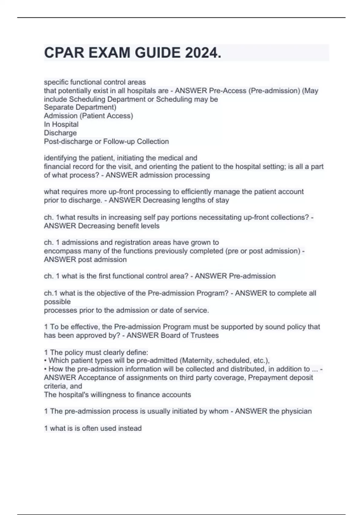 CPAR EXAM GUIDE 2024. - HFMA. - Stuvia US