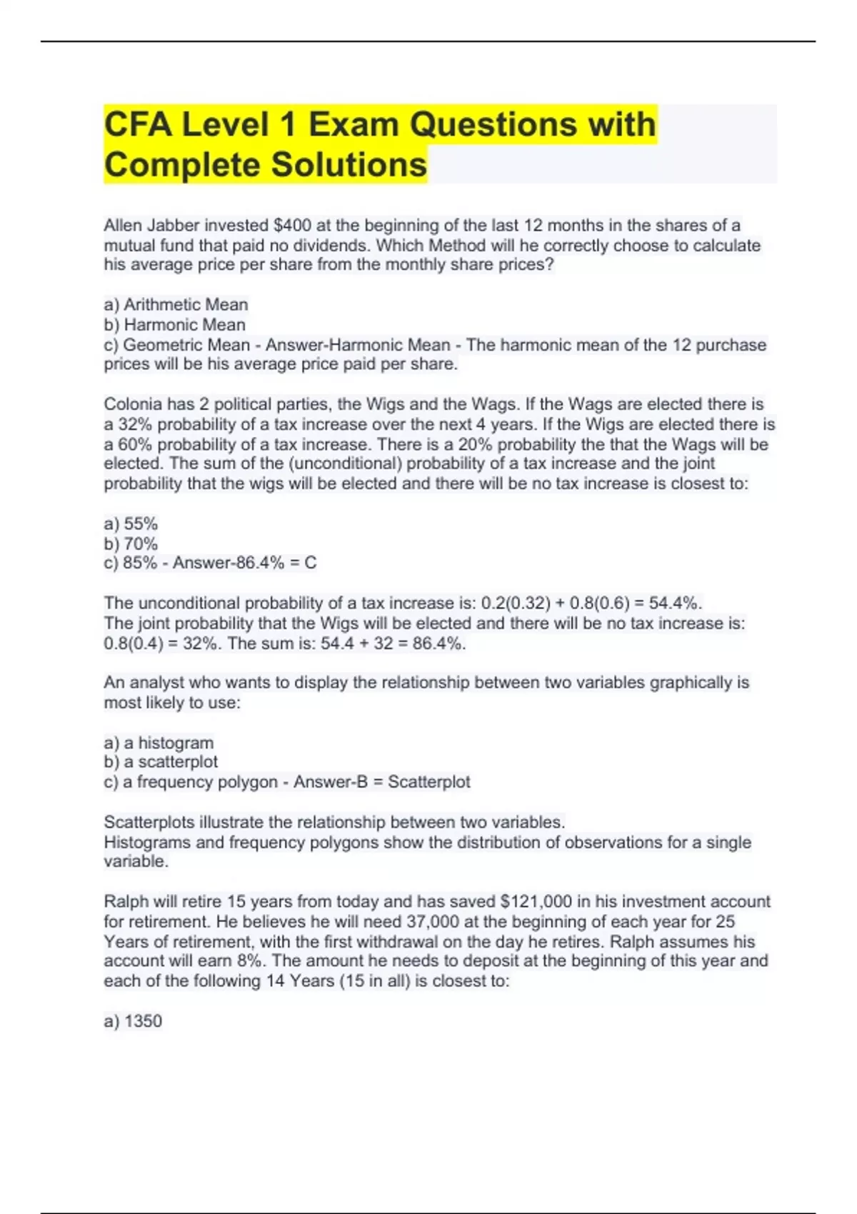 CFA Level 1 Exam Questions with Complete Solutions - CFA - Stuvia NL