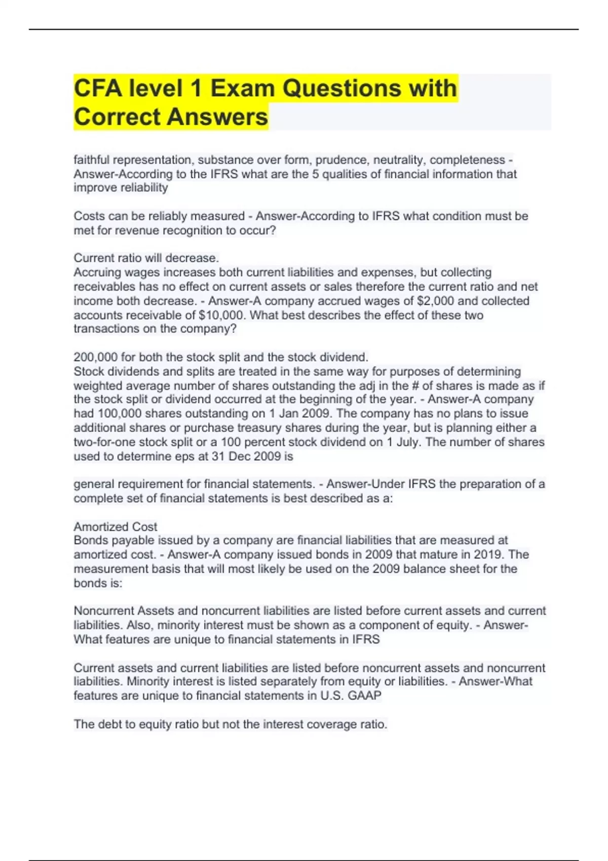 CFA level 1 Exam Questions with Correct Answers - CFA - Stuvia NL