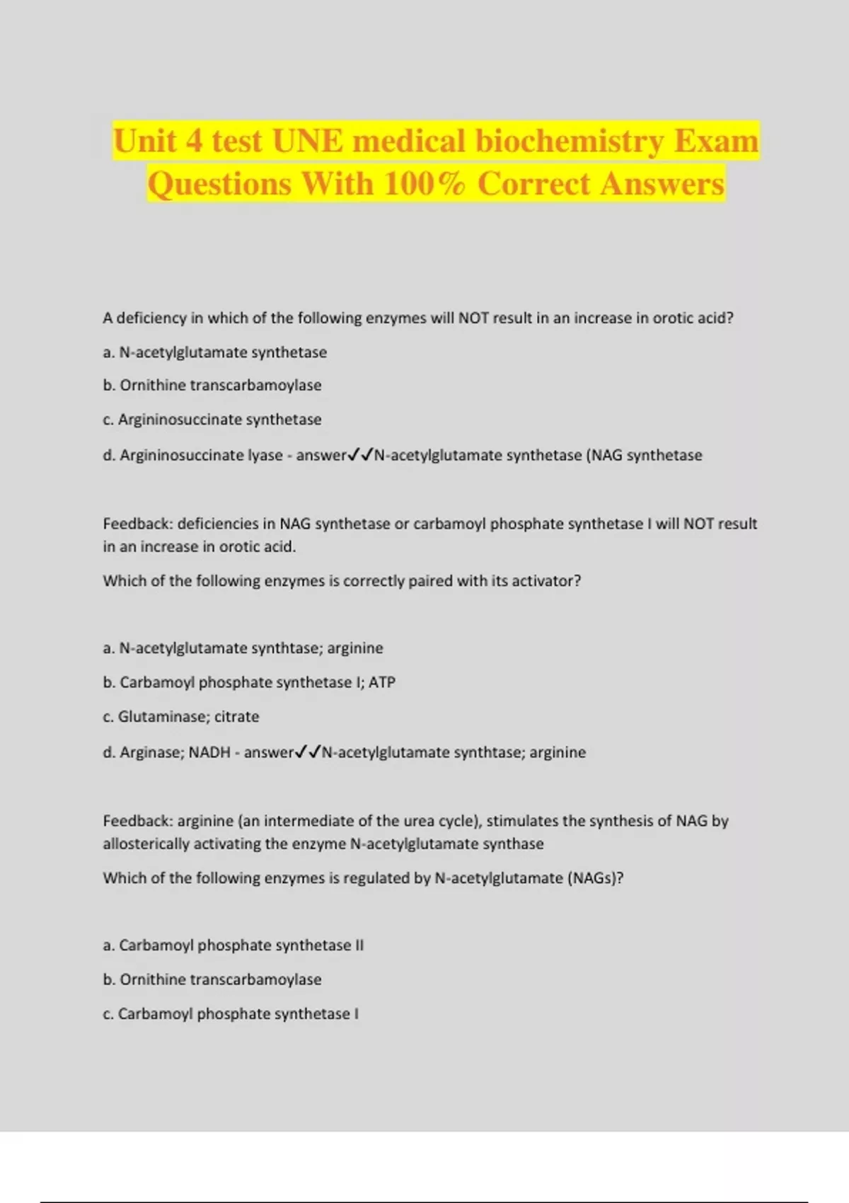 Unit 4 test UNE medical biochemistry Exam Questions With 100% Correct ...