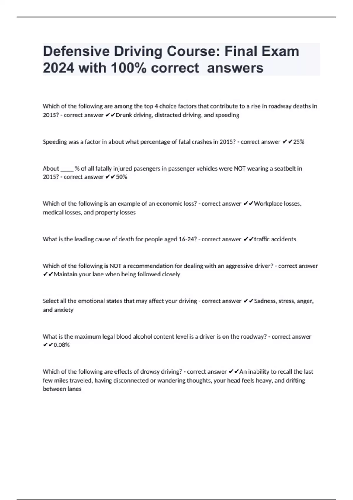 Defensive Driving Course: Final Exam 2024 with 100% correct answers ...
