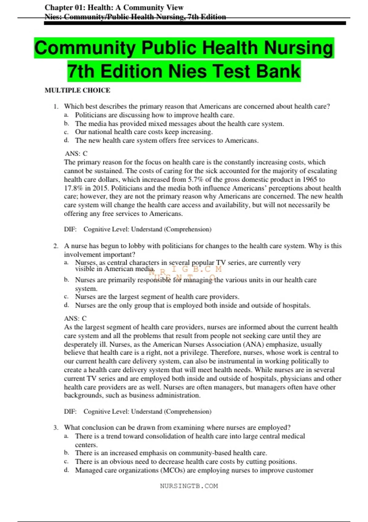 Community Public Health Nursing 7th Edition Nies Test Bank - Community ...