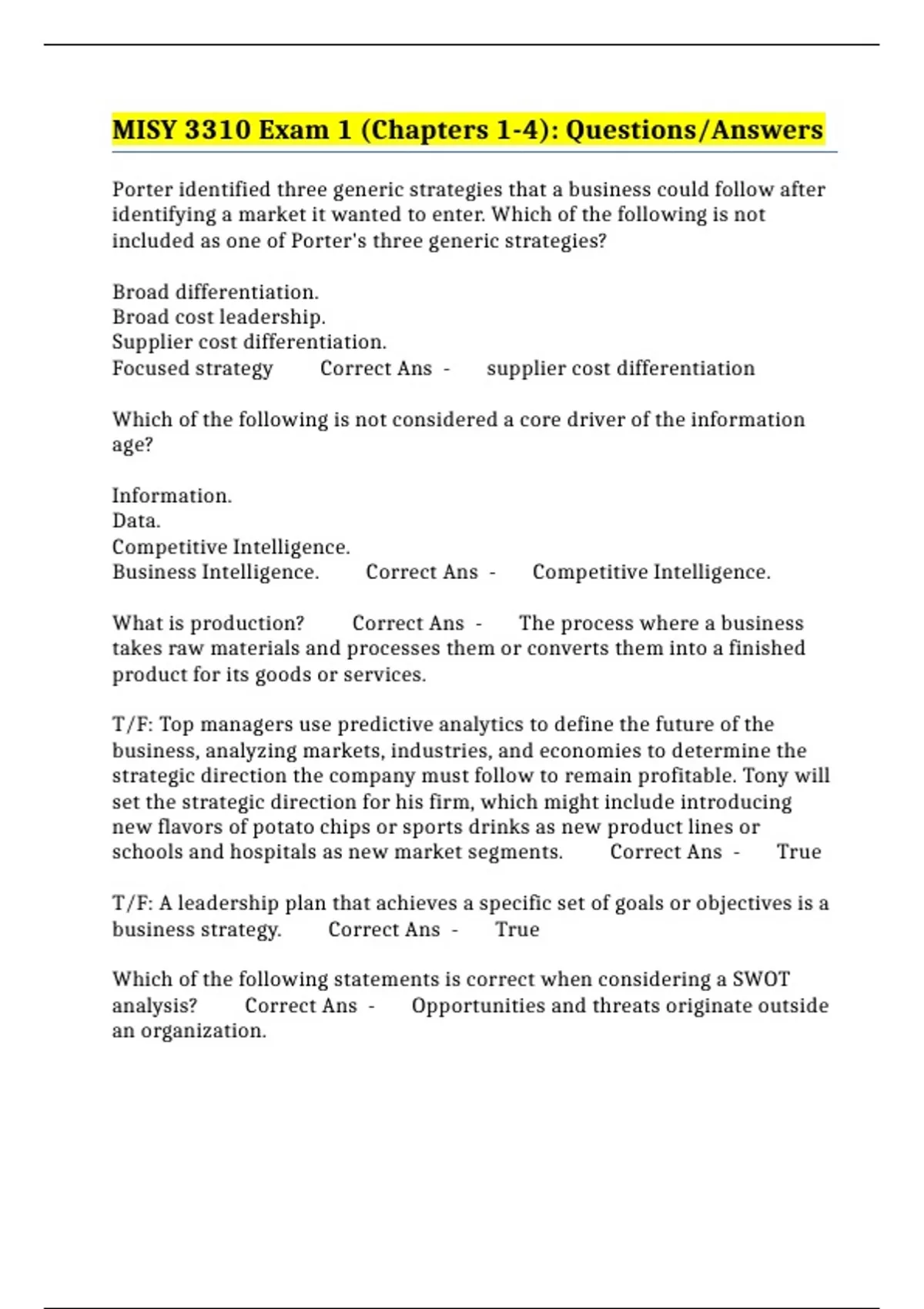 MISY 3310 Exam 1 (Chapters 1-4): Questions/Answers - MISY 3310 - Stuvia US