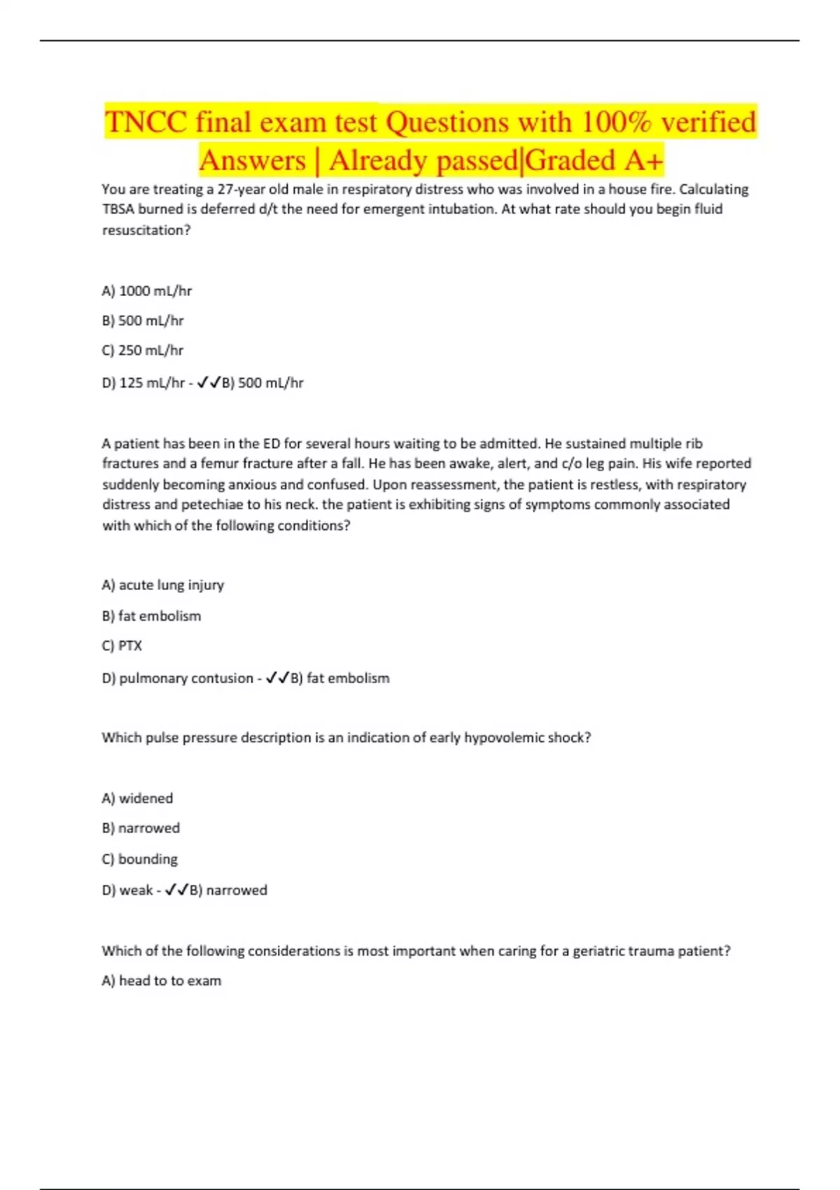 TNCC final exam test Questions with 100% verified Answers | Already ...