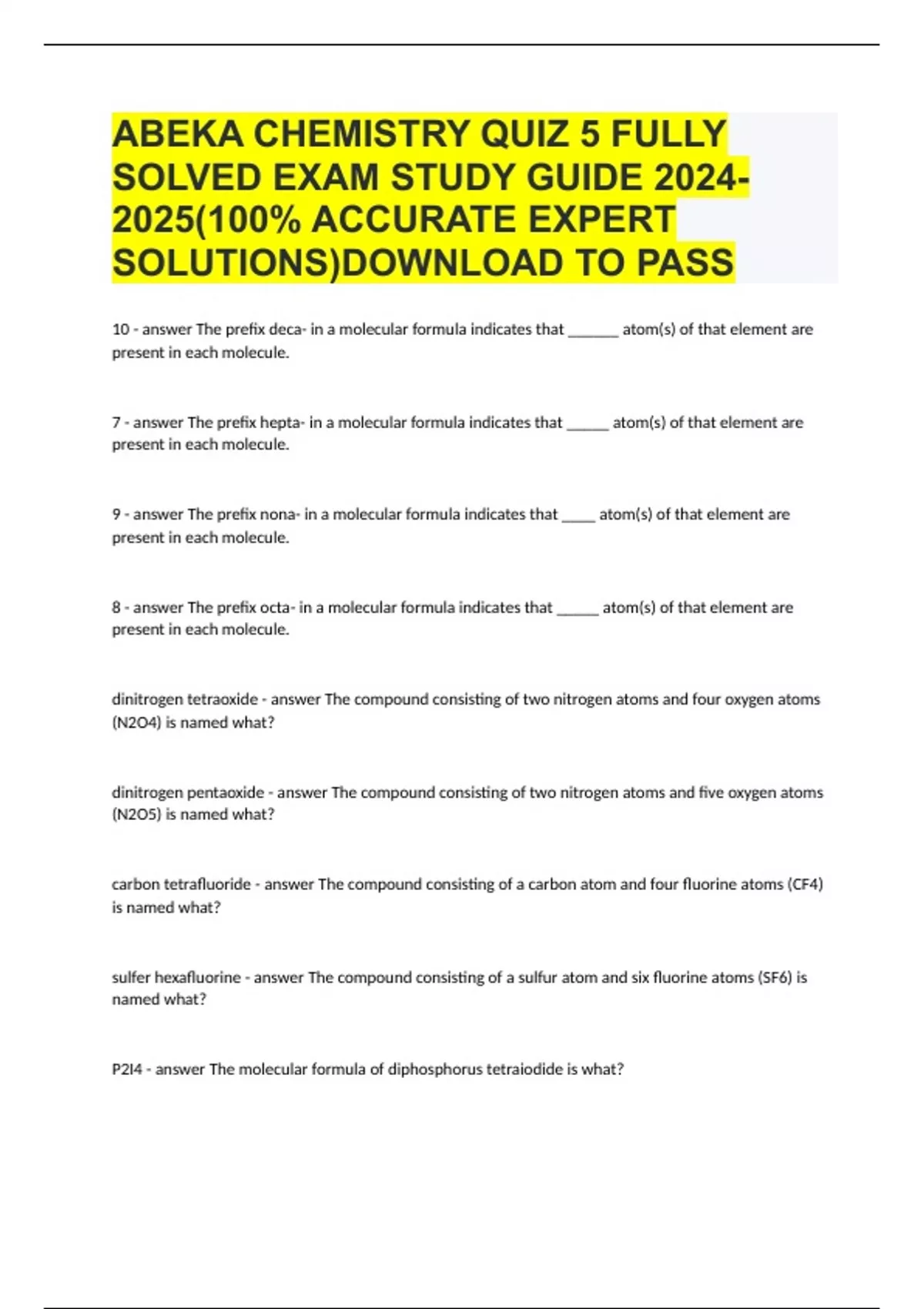 Abeka Chemistry Quiz 5 fully solved exam study guide (100% accurate ...