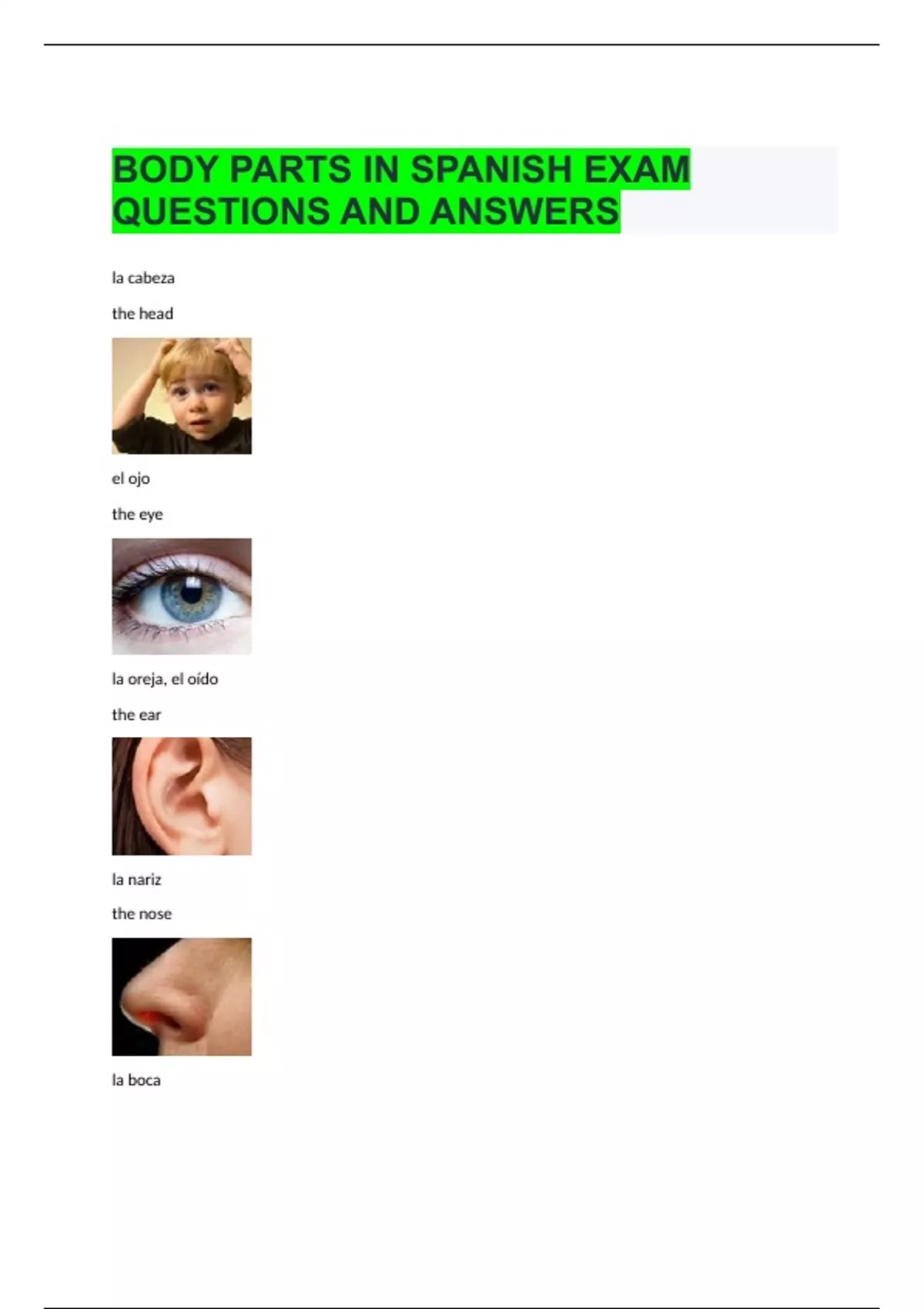 BODY PARTS IN SPANISH EXAM QUESTIONS AND ANSWERS. - Spanish Body Parts ...