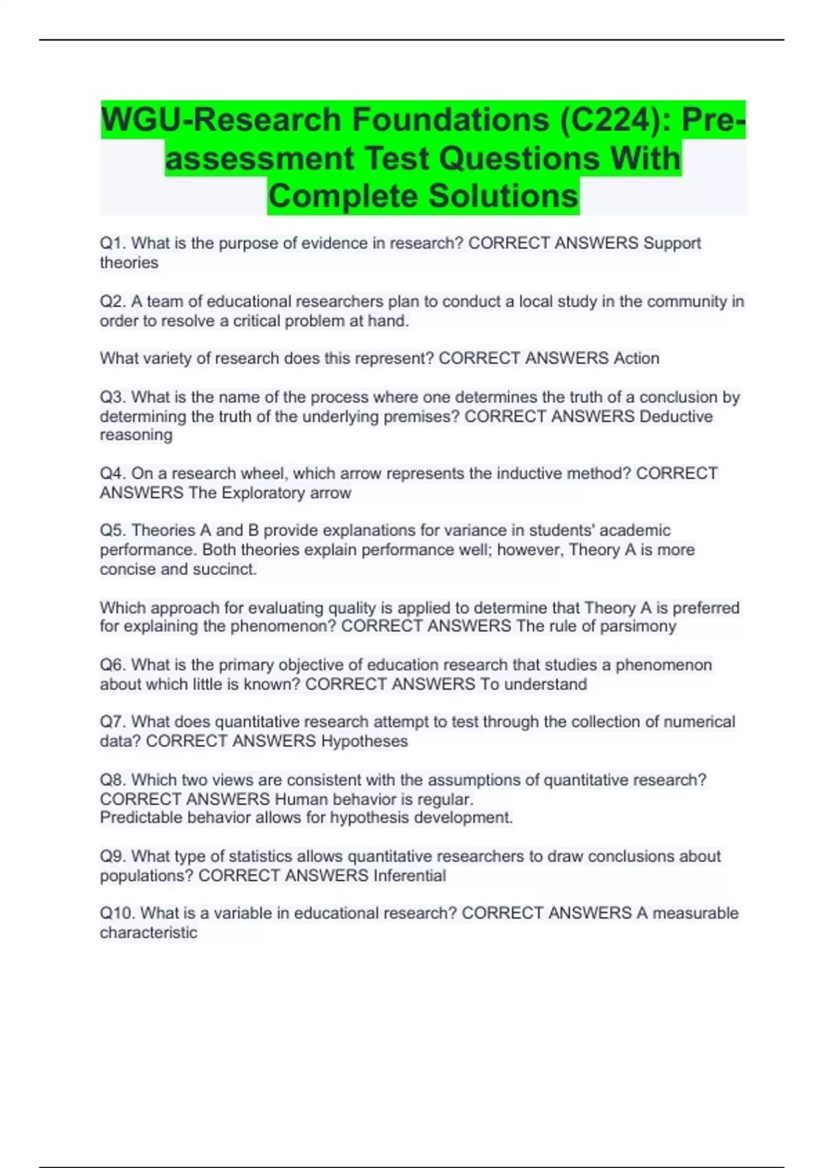WGU-Research Foundations (C224): Pre-assessment Test Questions With ...