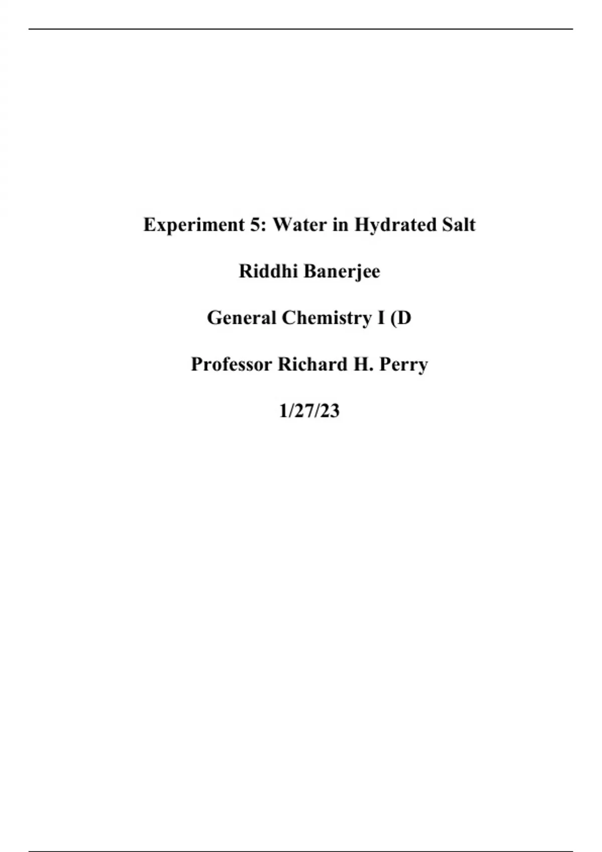EXP 5 Water in a Hydrated Salt lab report - Chemistry 1 (CHEM1300 ...