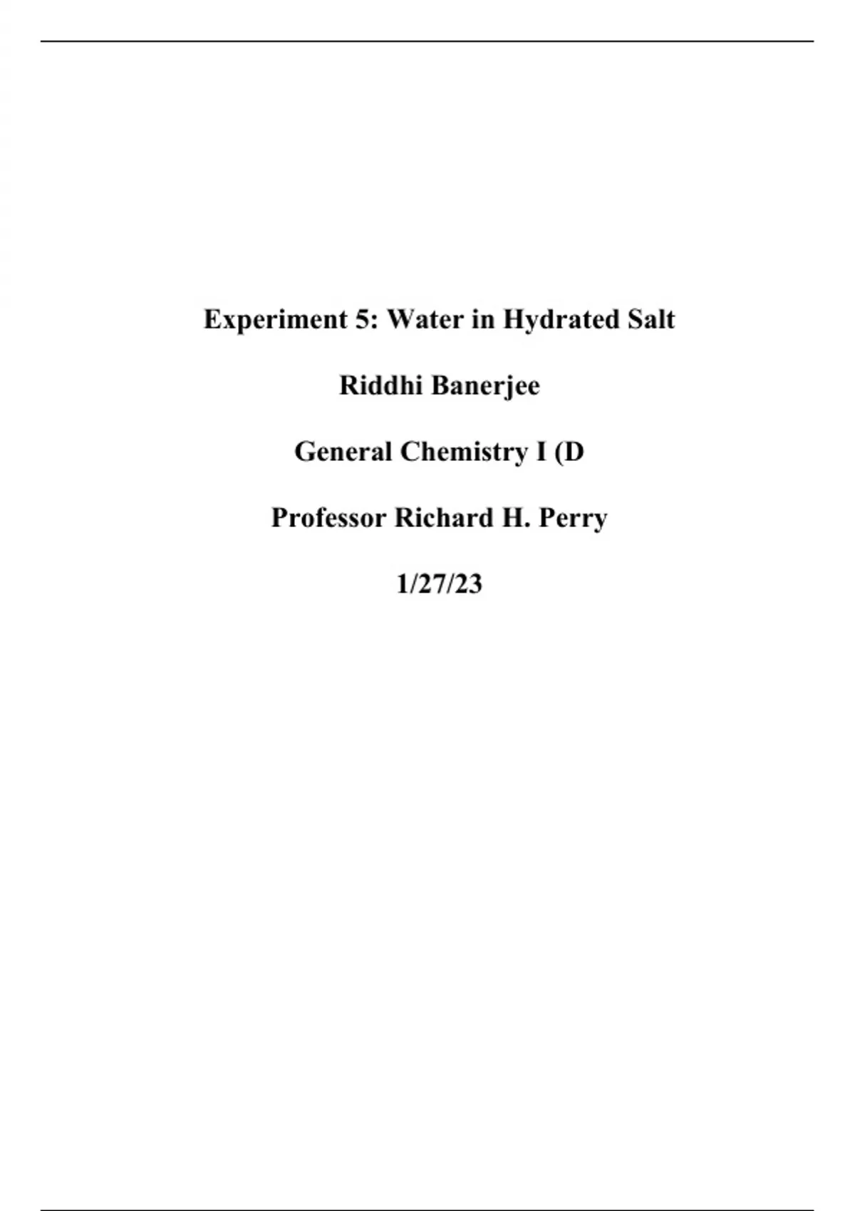 Experiment #5: Water in a Hydrated Salt Data - Chemistry 1 (CHEM1300 ...