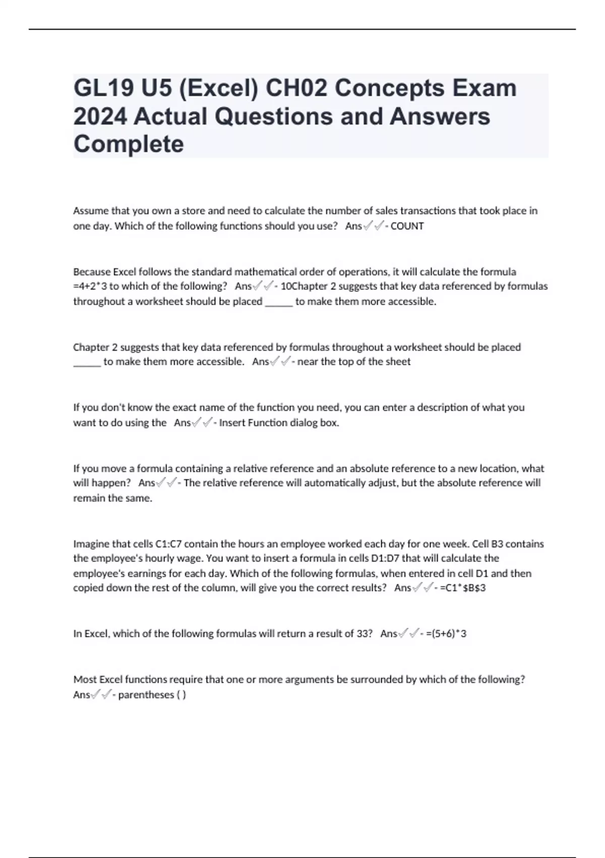 GL19 U5 (Excel) CH02 Concepts Exam 2024 Actual Questions and Answers ...