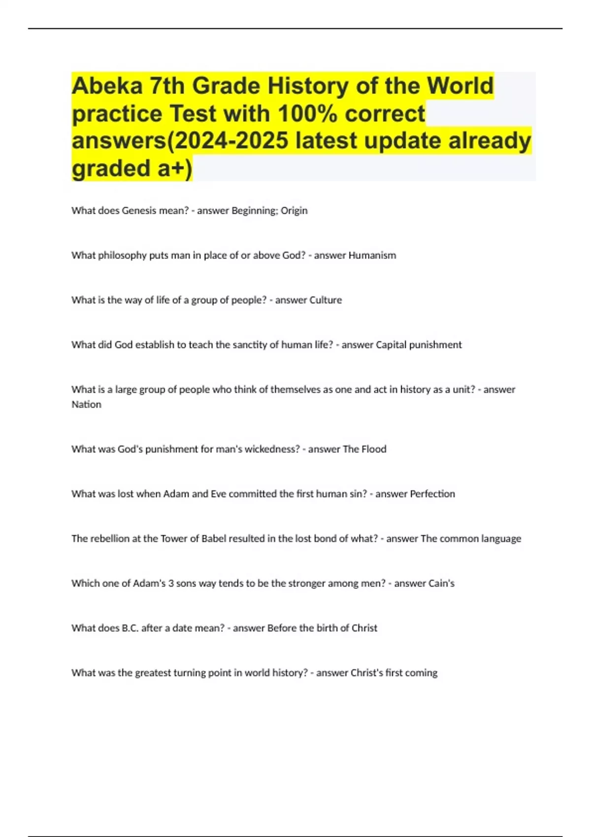 Abeka 7th Grade History of the World practice Test with 100% correct ...