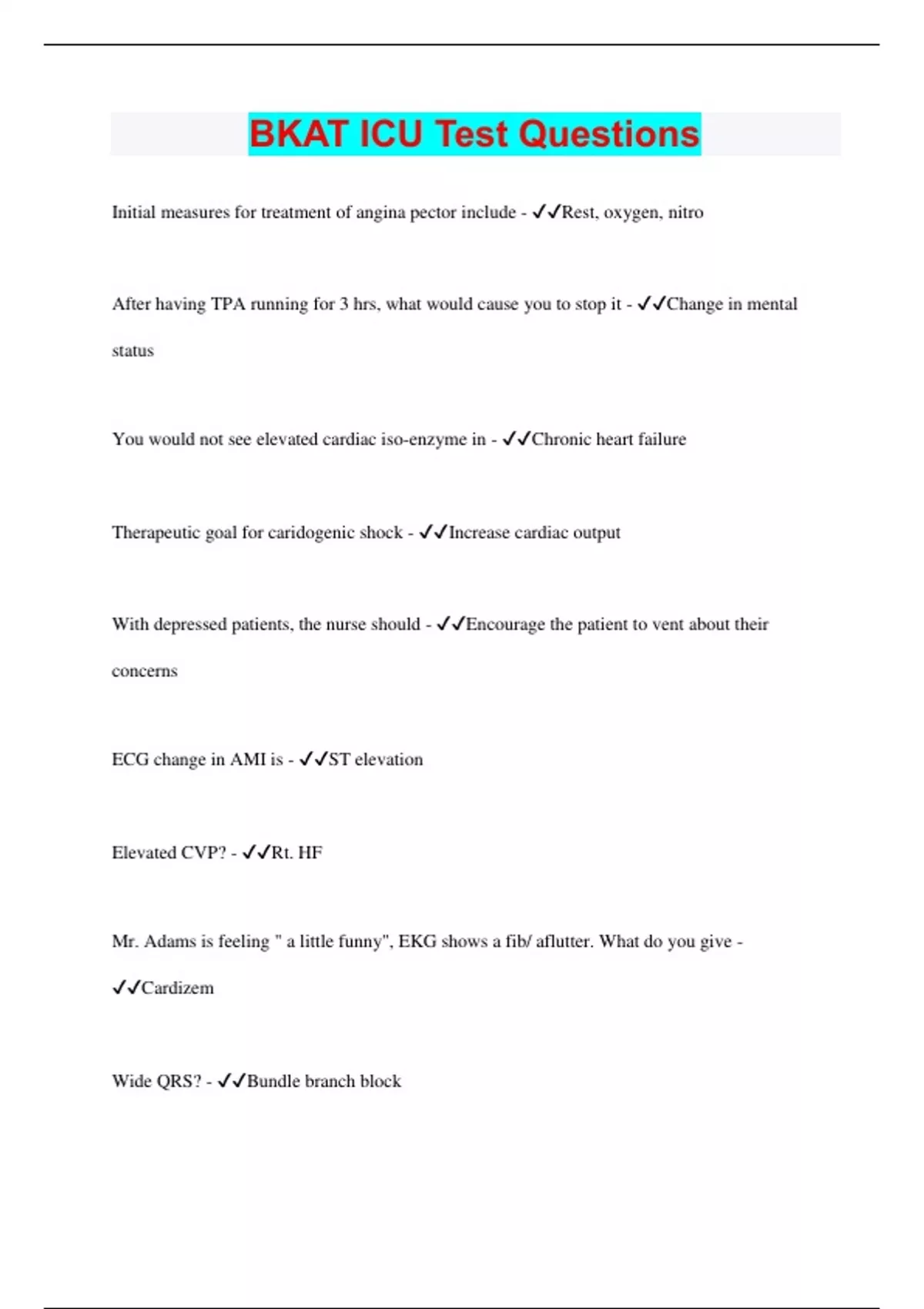 BKAT ICU Test | Questions with 100% Correct Answers | Latest Update ...