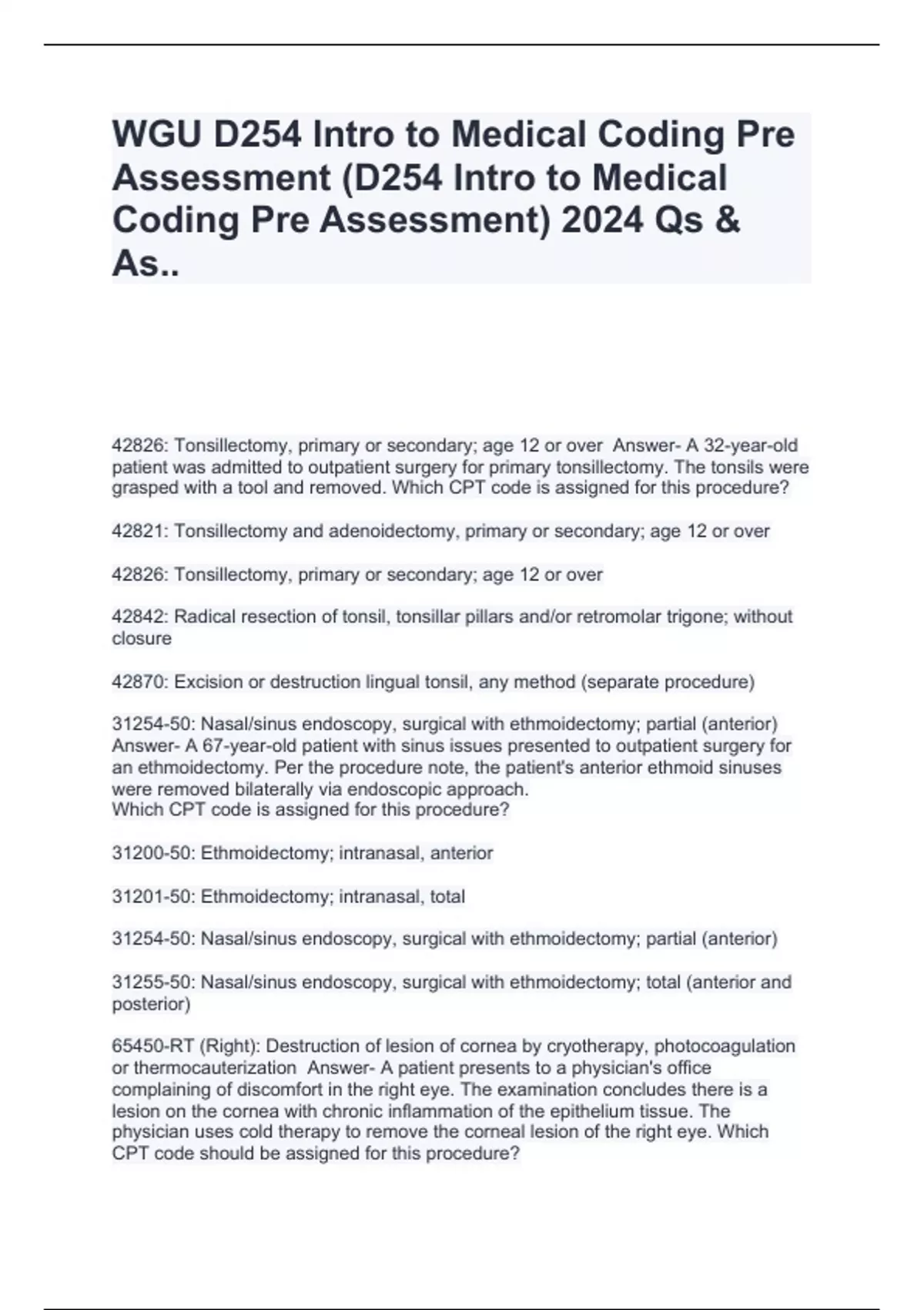 WGU D254 Intro to Medical Coding Pre Assessment (D254 Intro to Medical Coding Pre Assessment ...