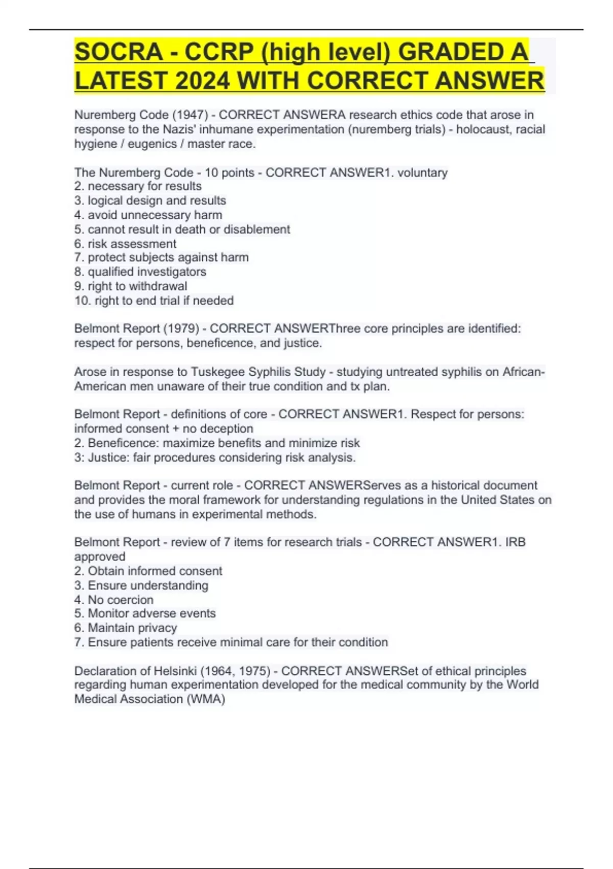 SOCRA - CCRP (high level) GRADED A LATEST 2024 WITH CORRECT ANSWER ...