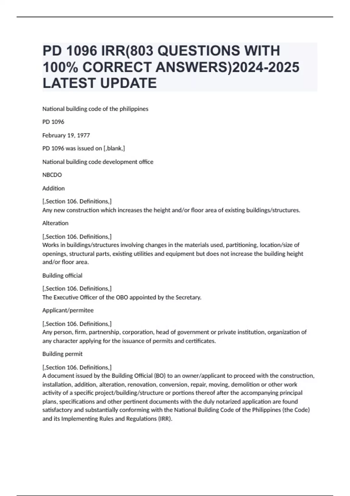 PD 1096 IRR(803 QUESTIONS WITH 100% CORRECT ANSWERS) LATEST UPDATE - Pd ...