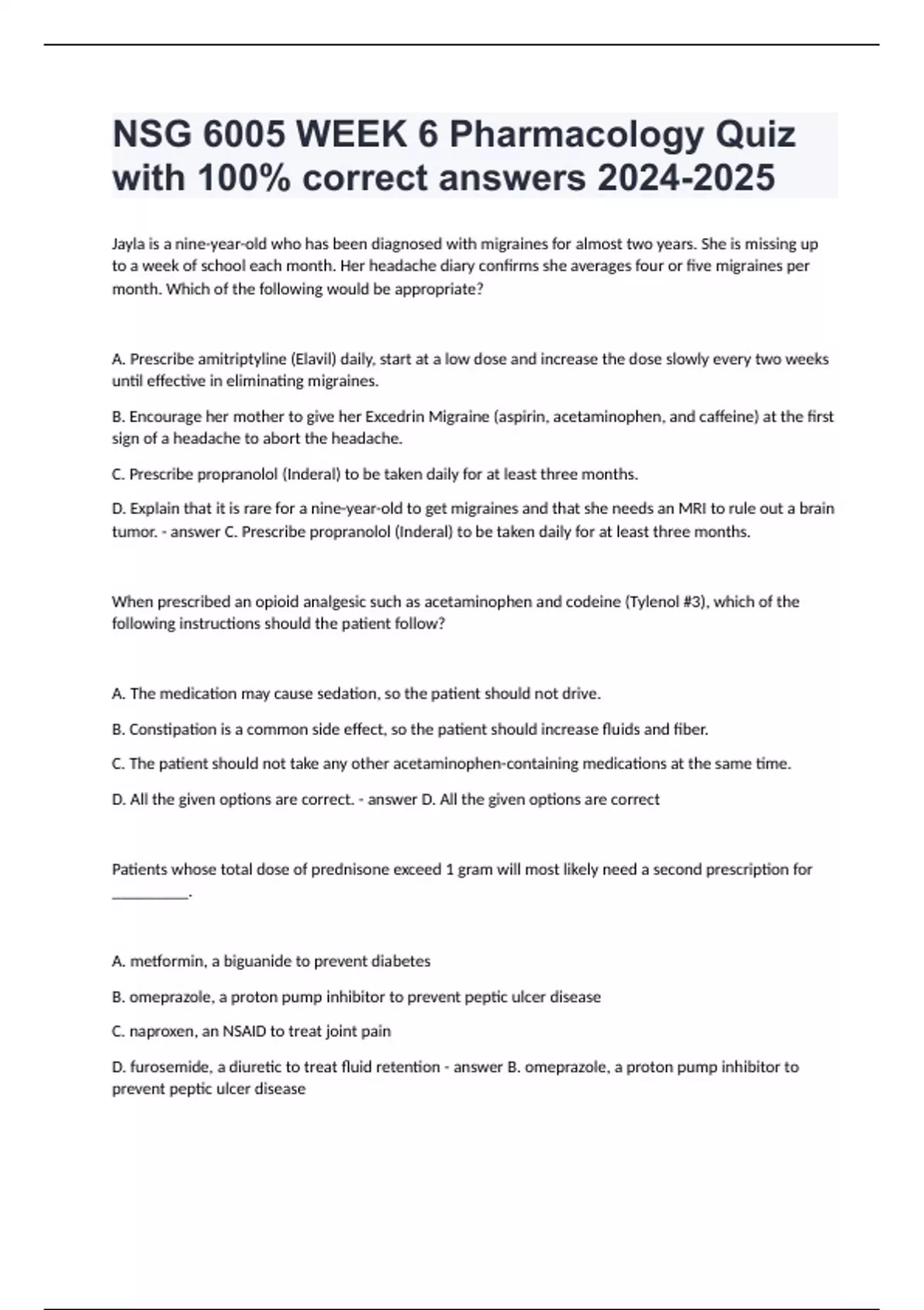 NSG 6005 WEEK 6 Pharmacology Quiz with 100% correct answers - NSG 6005 Pharmacology - Stuvia US