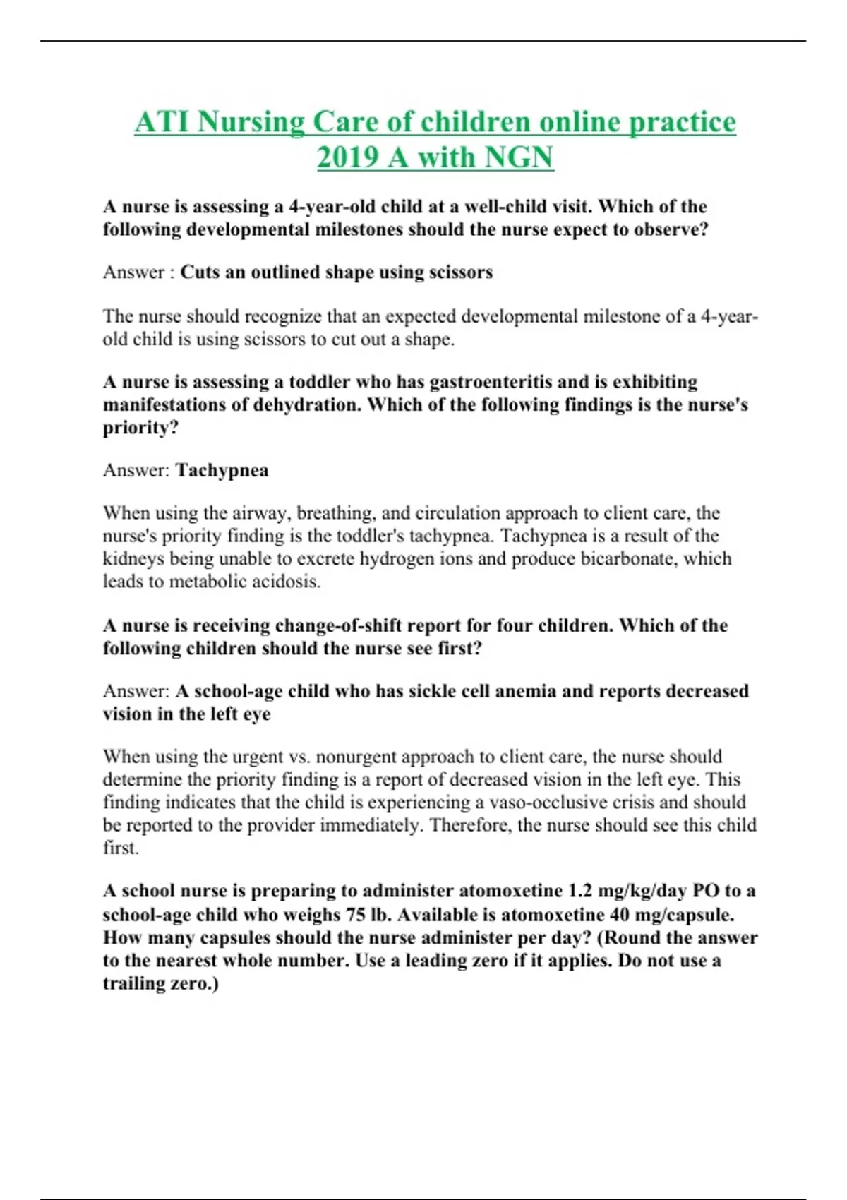 ATI Nursing Care of children online practice 2019 A with NGN - ATI ...
