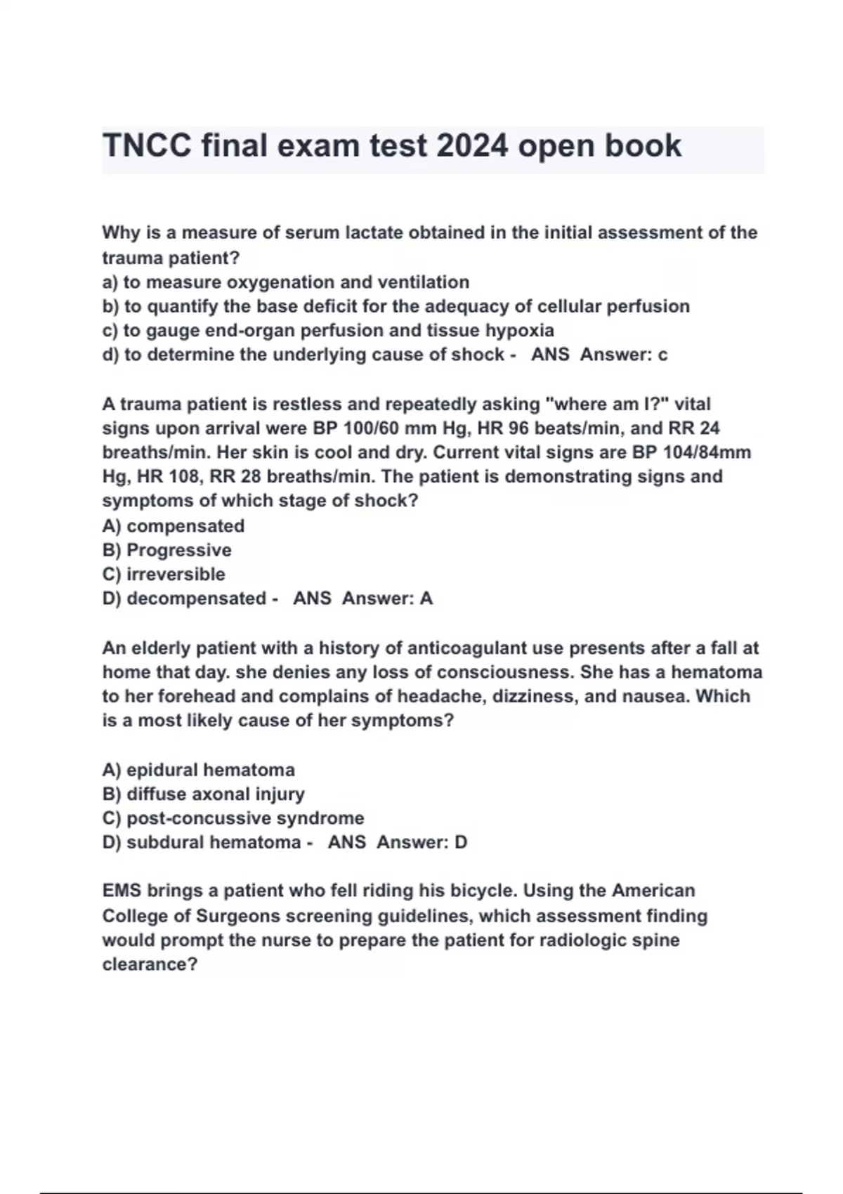 TNCC final exam test 2024 open book - TNCC-Trauma Nursing Core Course ...
