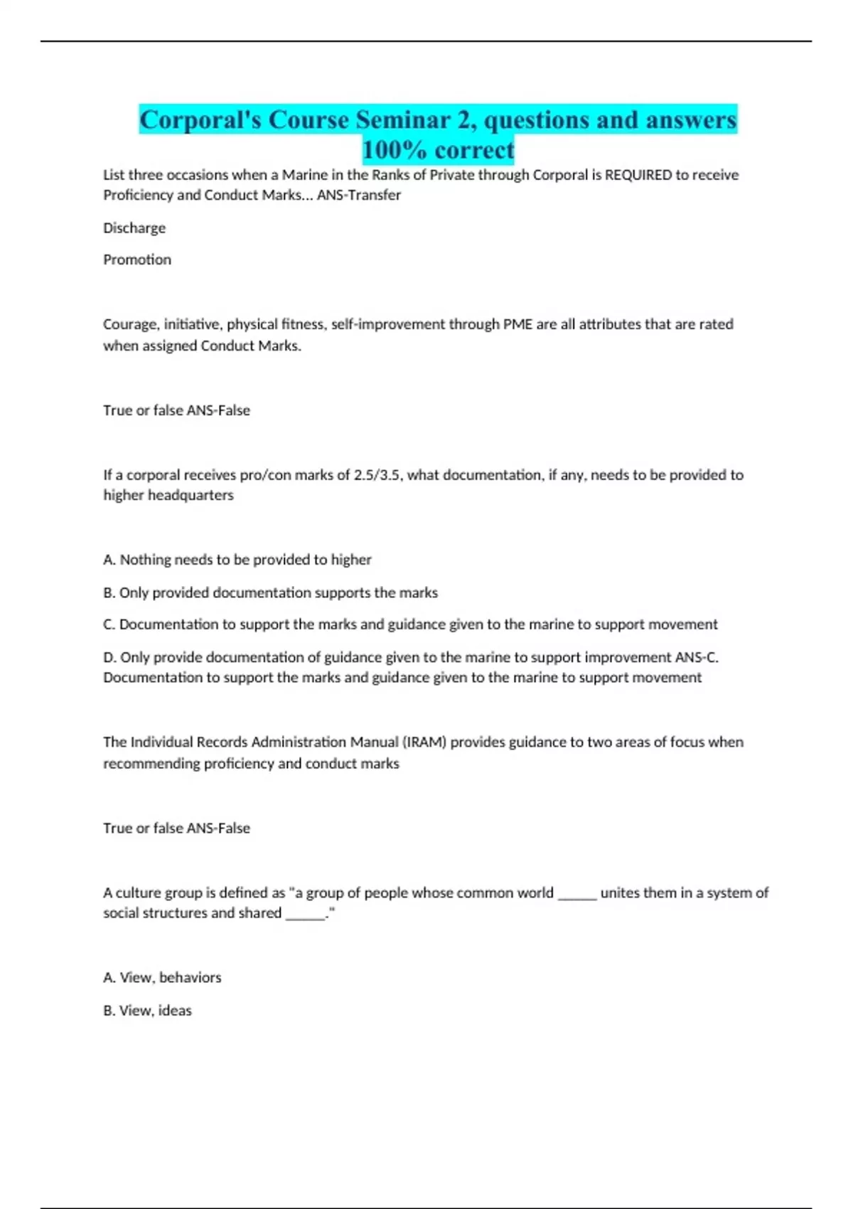 Corporals Course Seminar 2 Questions And Answers 100 Correct Corporals Course Stuvia Us
