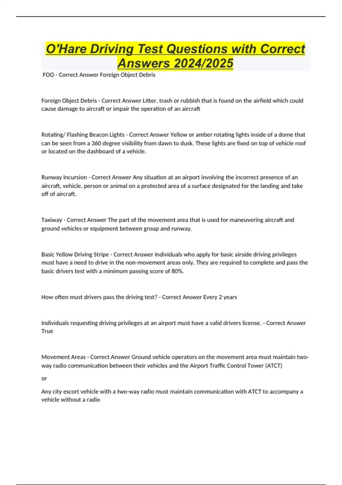 O'Hare Driving Test Questions with Correct Answers 2024/2025 - O\'Hare ...