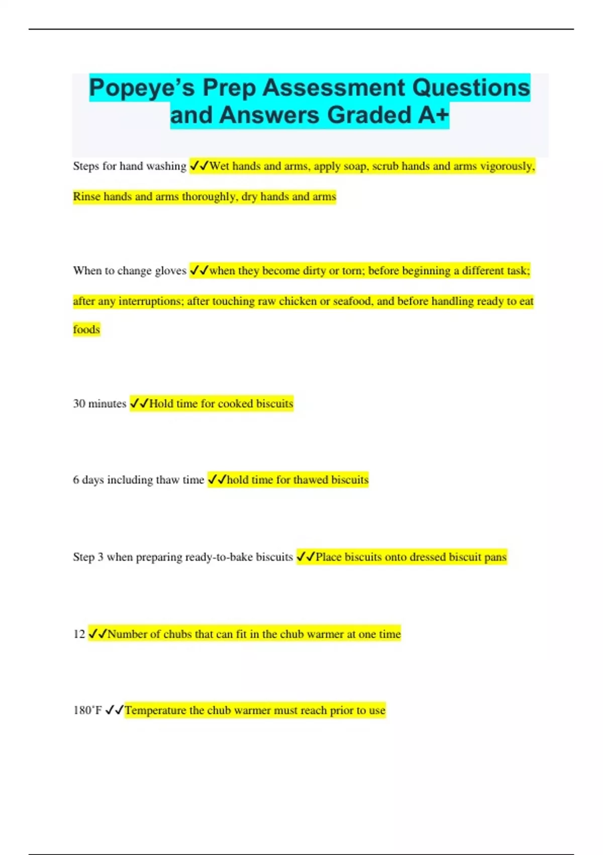 Popeye’s Prep Assessment Questions and Answers Graded A+ - Popeye’s ...