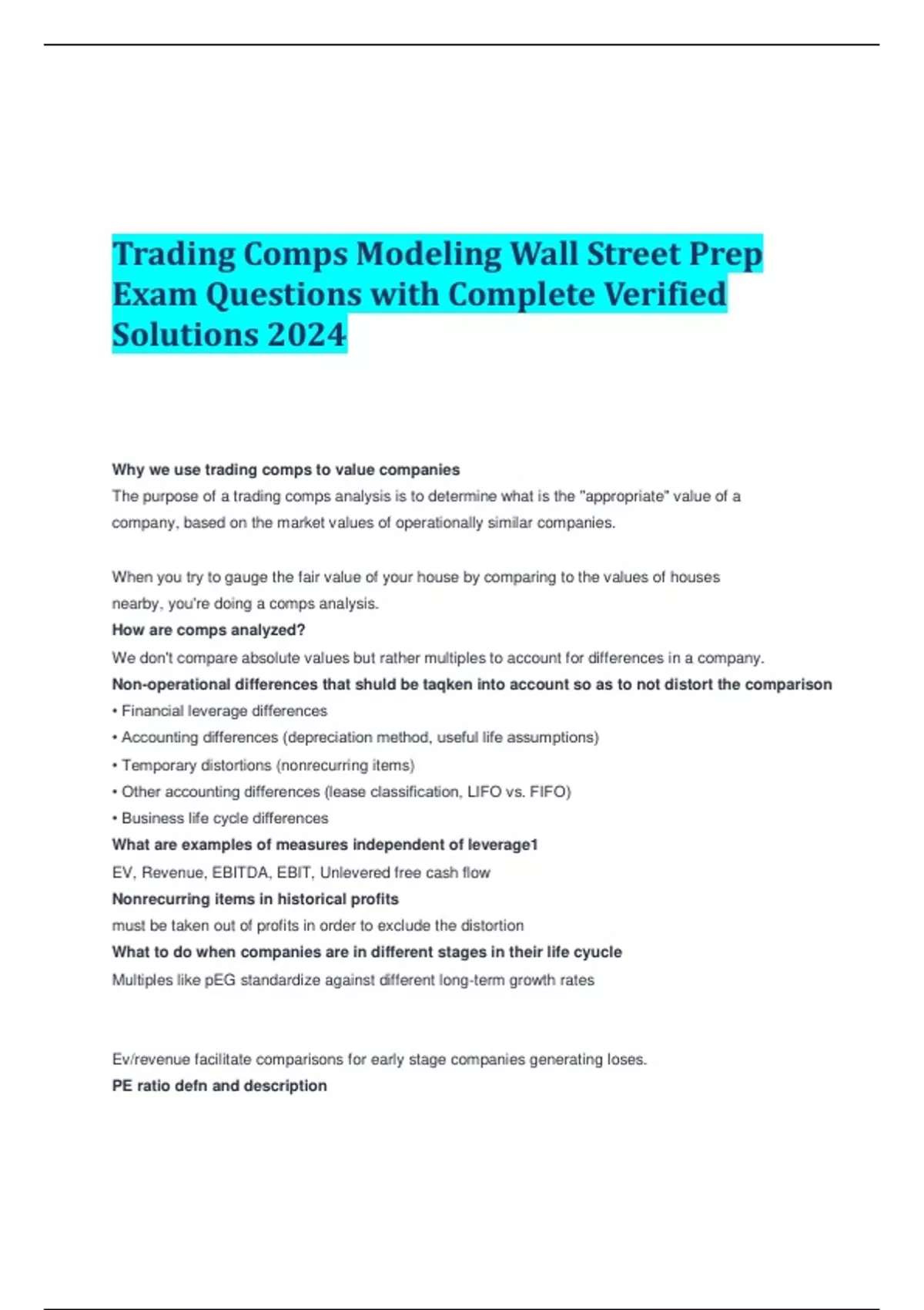 Trading Comps Modeling Wall Street Prep Exam Questions with Complete Verified Solutions 2024 ...