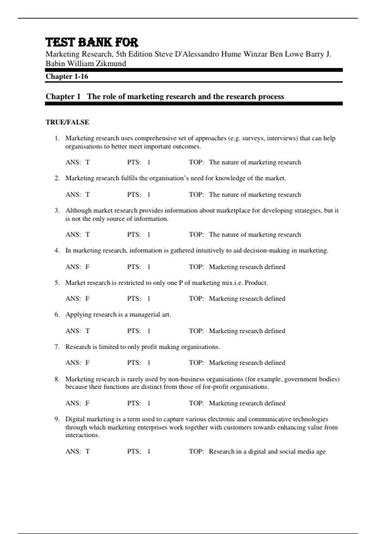 Test Bank For Marketing Research, 5th Edition by Steve D'AlessandroHume ...