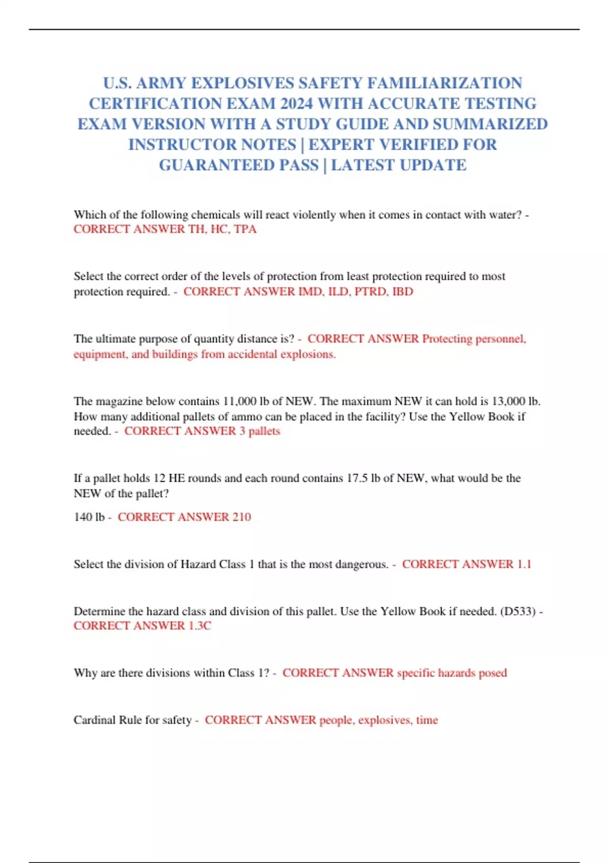 U.S. ARMY EXPLOSIVES SAFETY FAMILIARIZATION CERTIFICATION EXAM 2024 ...