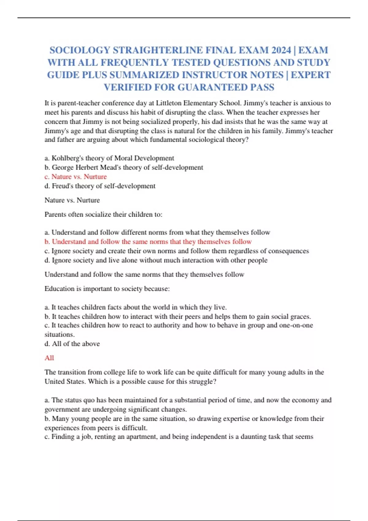 SOCIOLOGY STRAIGHTERLINE FINAL EXAM 2024 | EXAM WITH ALL FREQUENTLY ...