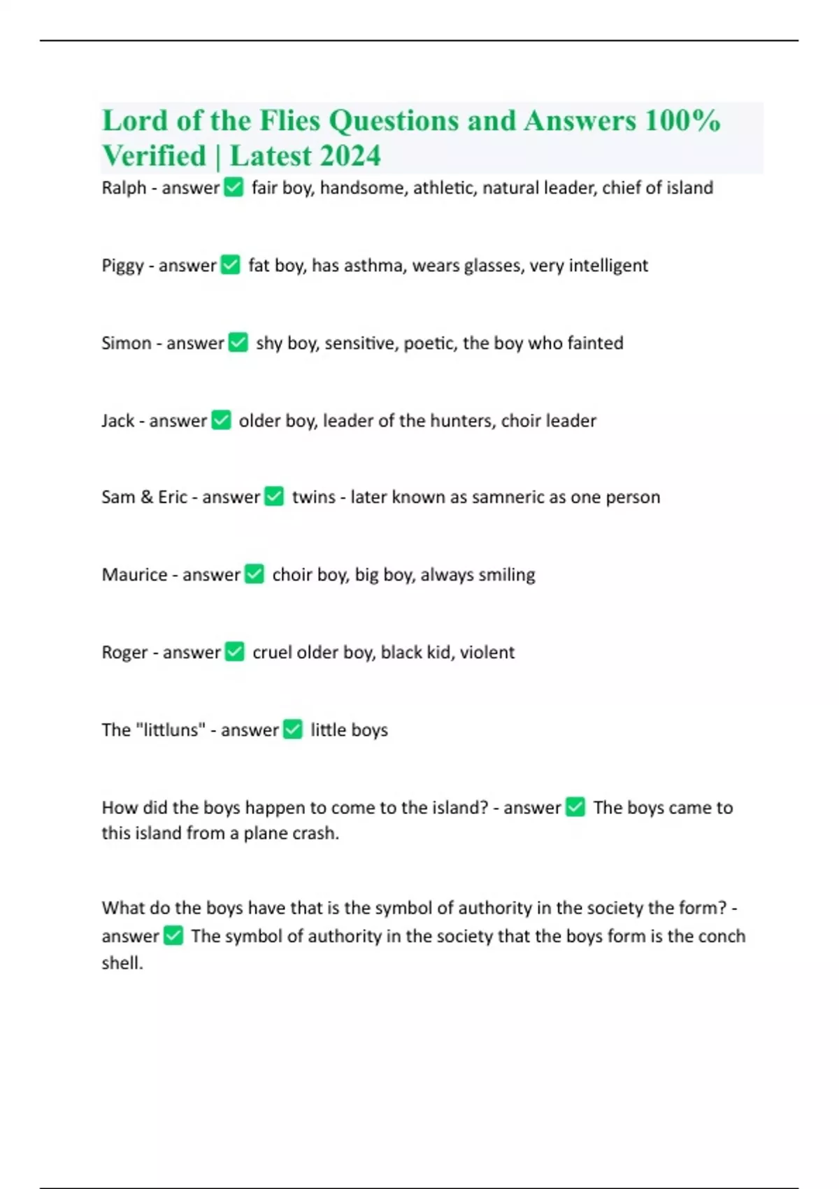 Lord of the Flies Questions and Answers 100% Verified | Latest 2024 ...