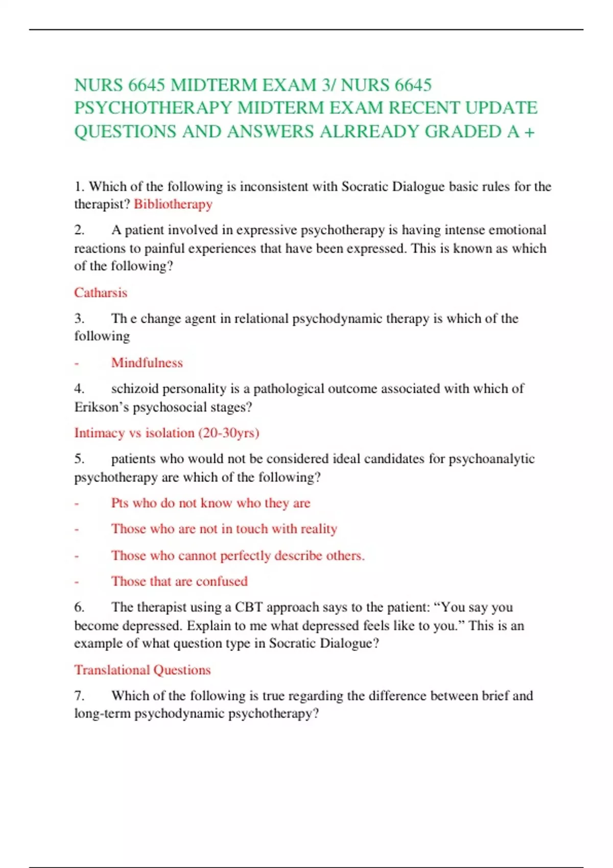 NURS 6645 MIDTERM EXAM 3/ NURS 6645 PSYCHOTHERAPY MIDTERM EXAM RECENT UPDATE QUESTIONS AND ...