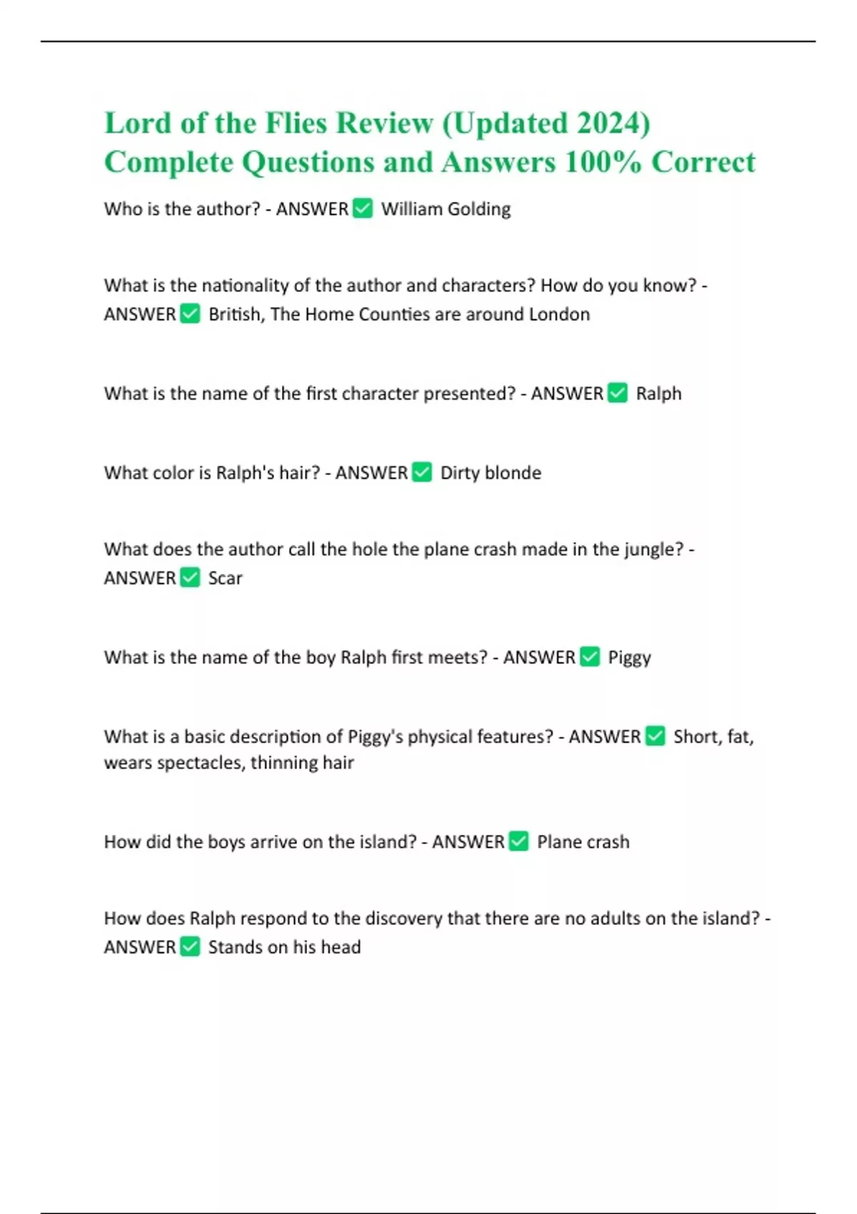 Lord of the Flies Review (Updated 2024) Complete Questions and Answers ...