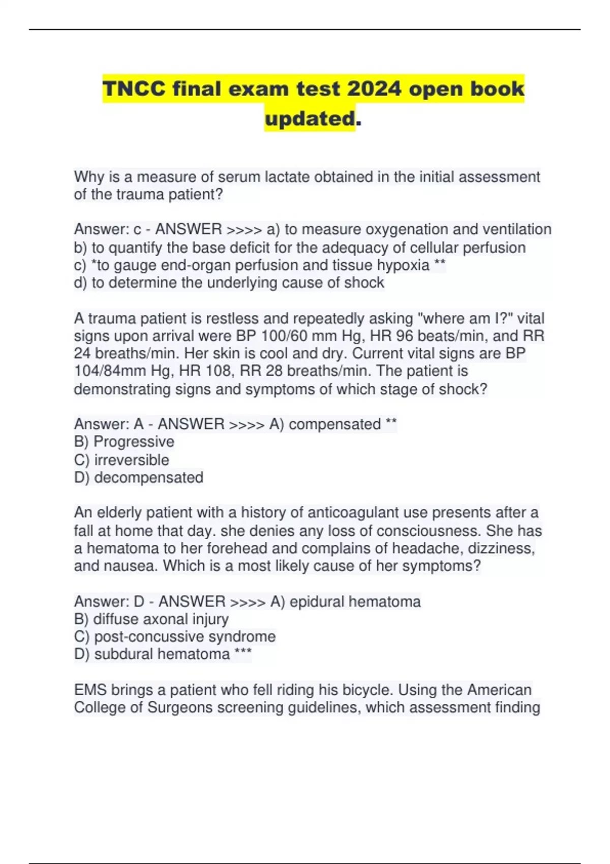 TNCC final exam test 2024 open book updated. - TNCC - Stuvia US