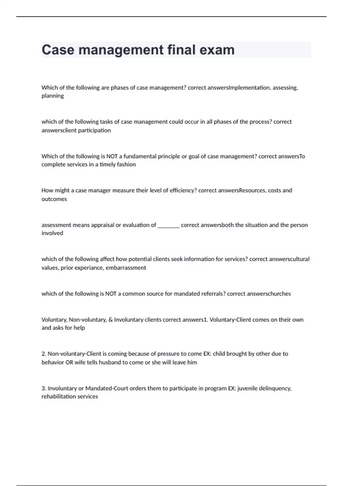 Case management final exam 2024 with 100% correct answers - Case management f - Stuvia US