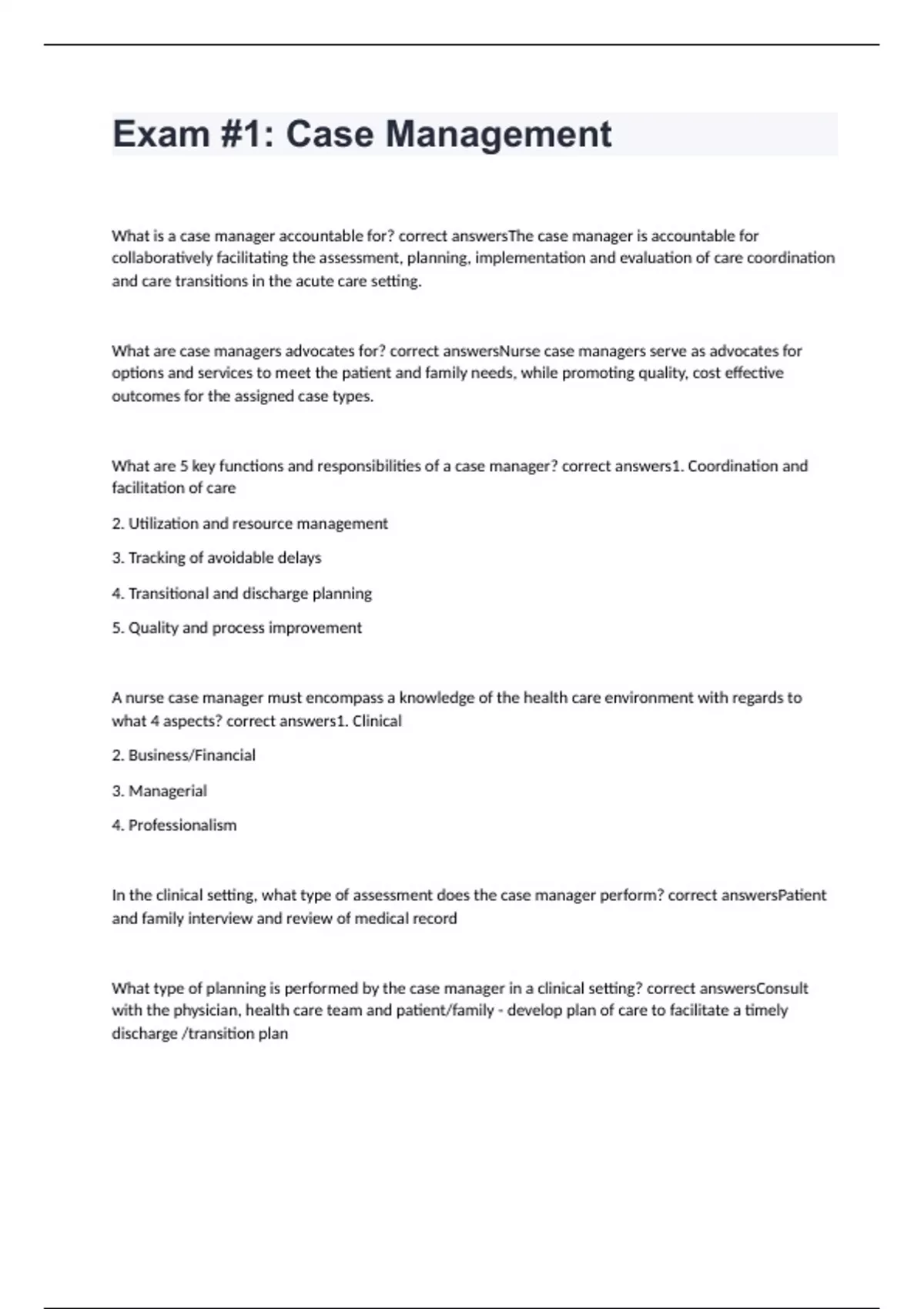 Exam #1: Case Management 2024 with complete answers - Case Management - Stuvia US