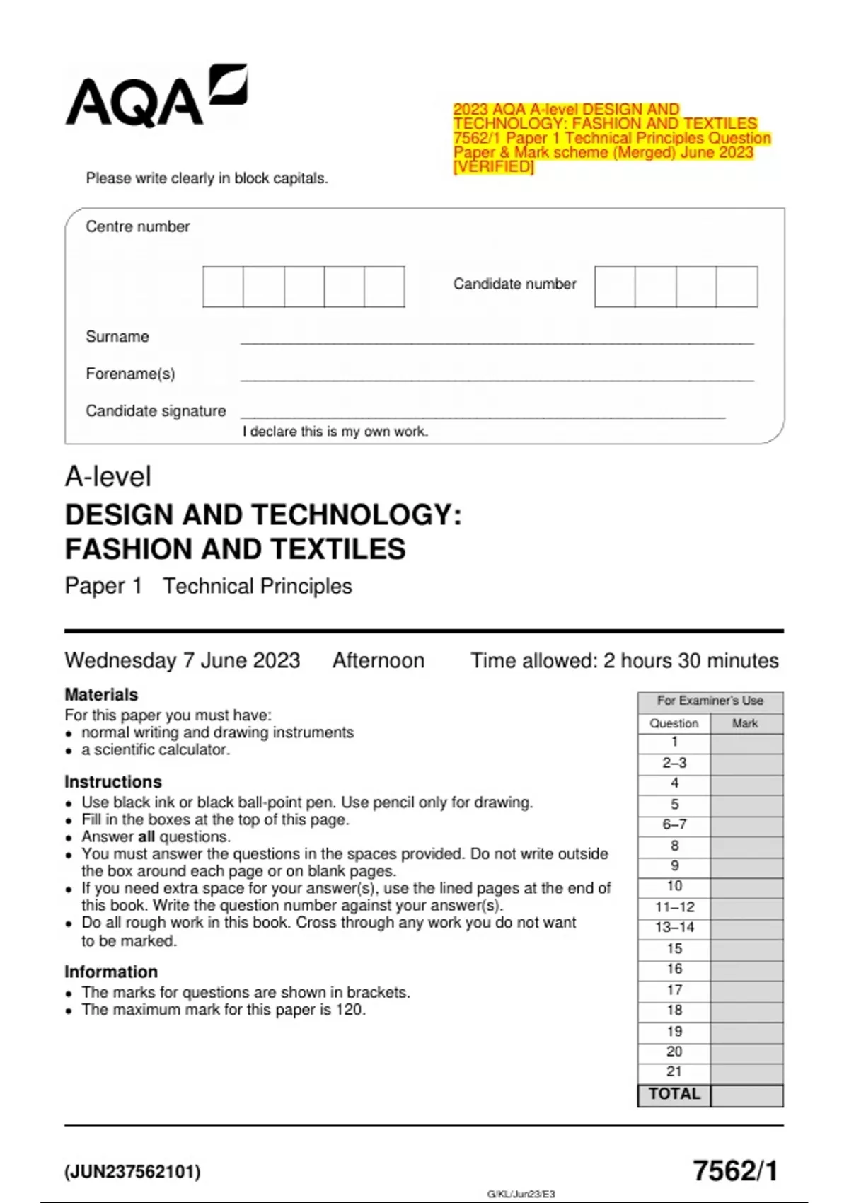 2023 AQA A-level DESIGN AND TECHNOLOGY: FASHION AND TEXTILES 7562/1 ...