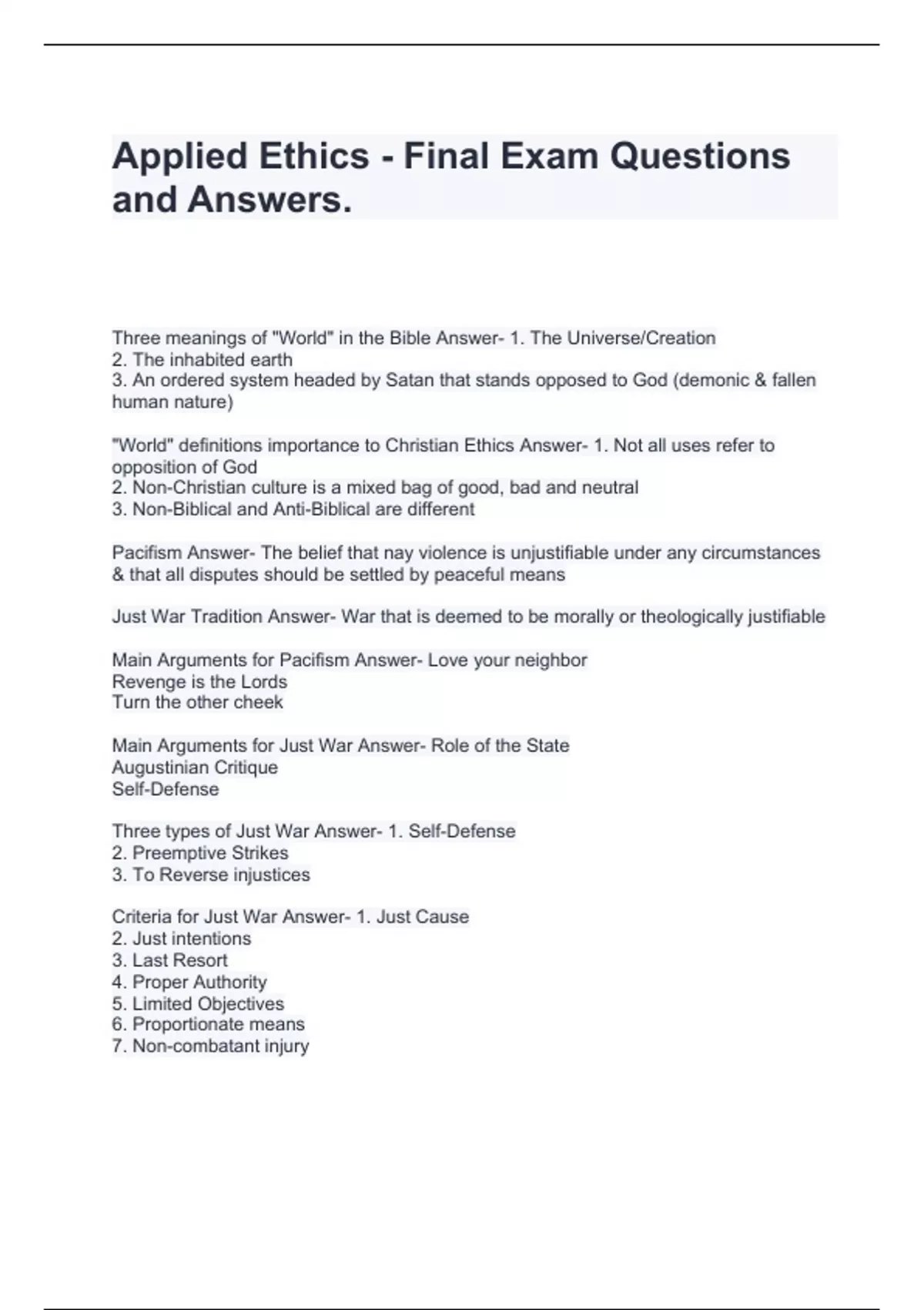 Applied Ethics - Final Exam Questions and Answers - APPLIED ETHICS - Stuvia US