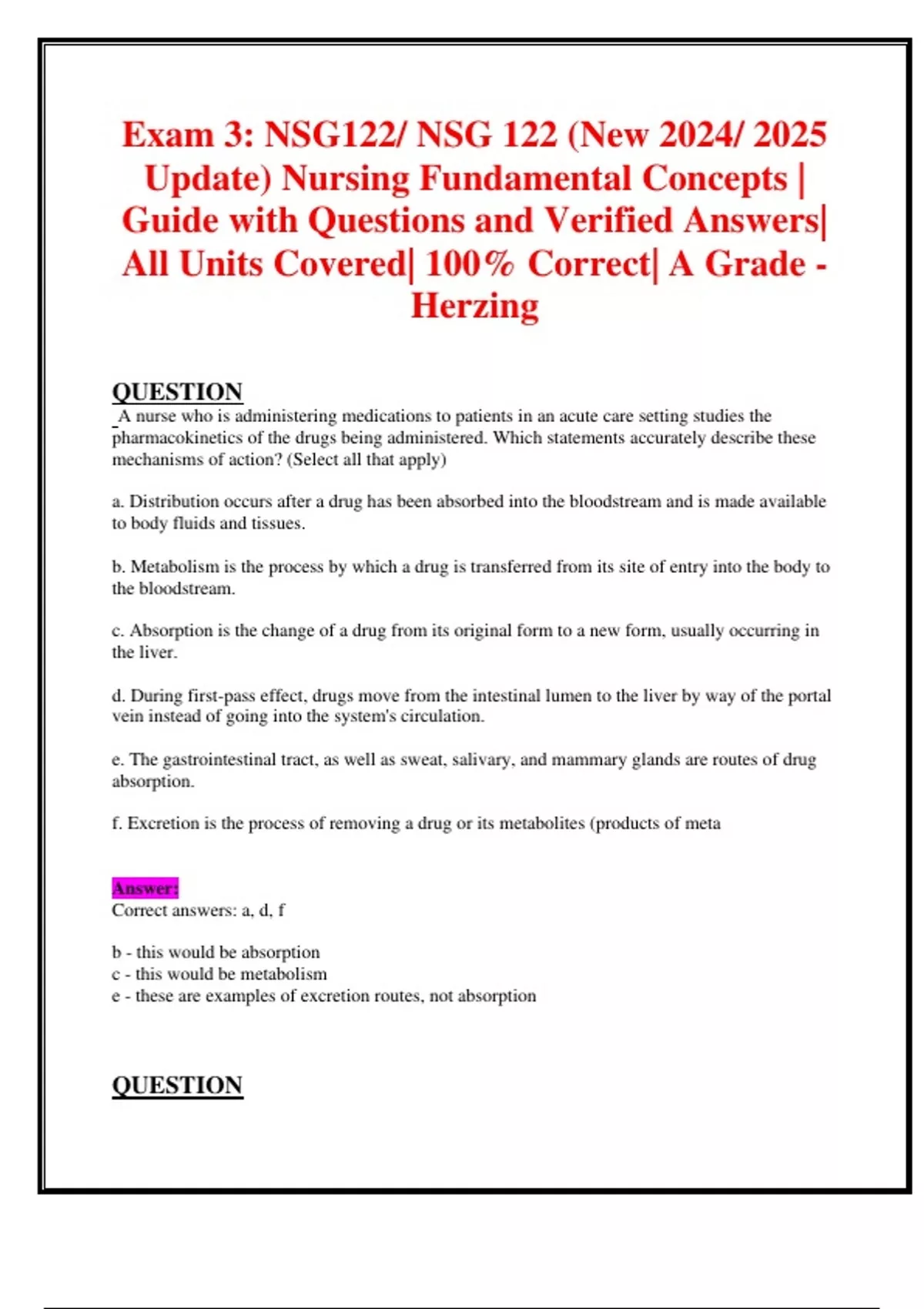 Exam 3: NSG122/ NSG 122 (New 2024/ 2025 Update) Nursing Fundamental ...