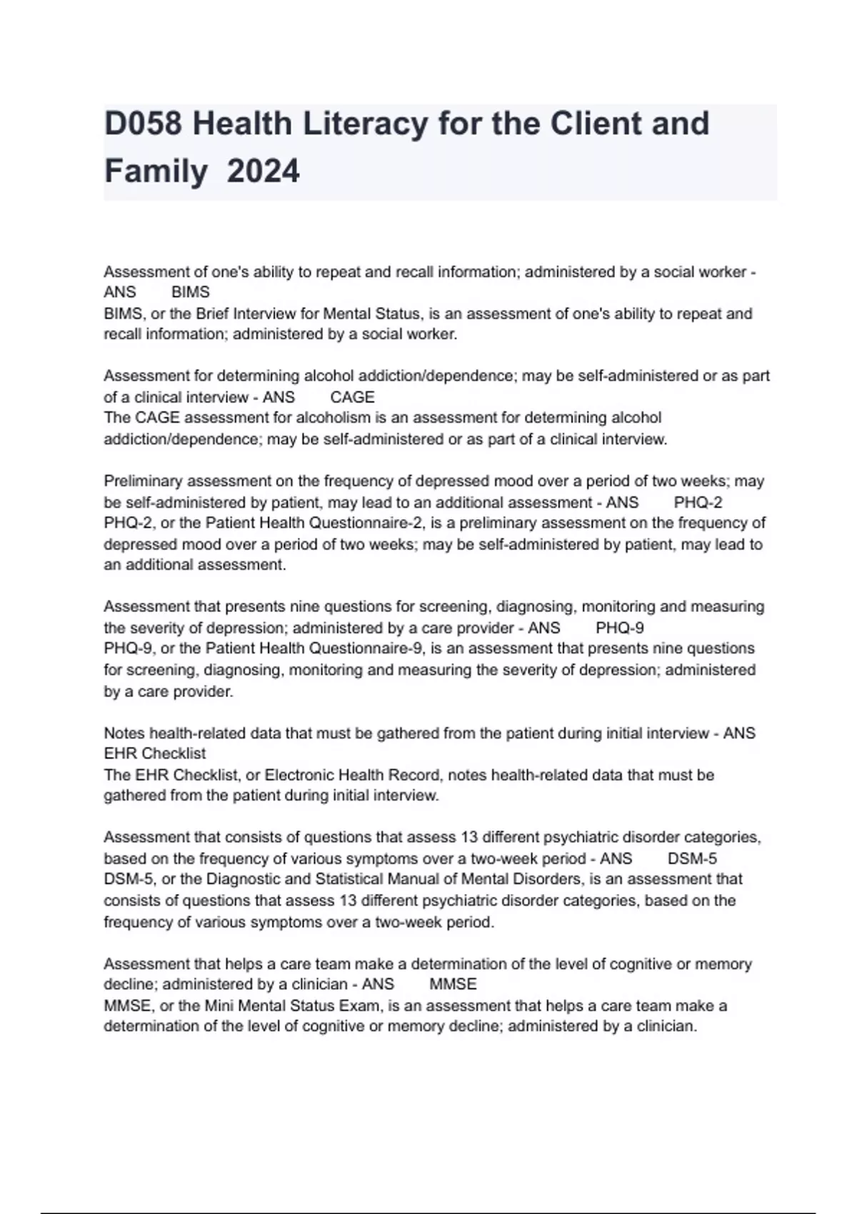 D058 Health Literacy for the Client and Family 2024 Questions And Answers - WGU D254 - Stuvia US