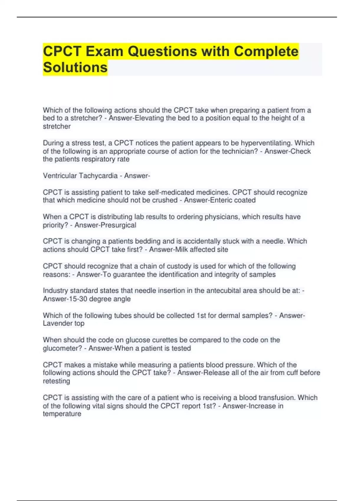 CPCT Exam Questions with Complete Solutions - CPCT - Stuvia US