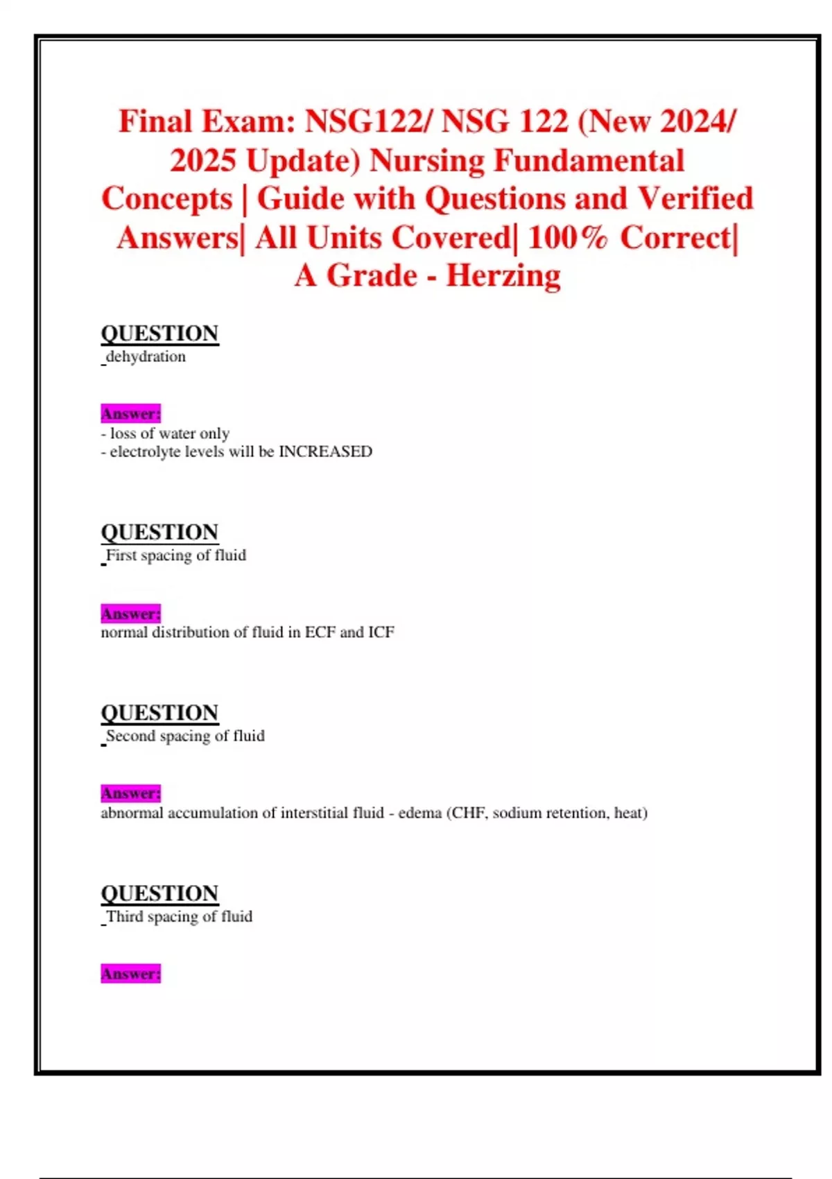 Final Exam: NSG122/ NSG 122 (New 2024/ 2025 Update) Nursing Fundamental ...