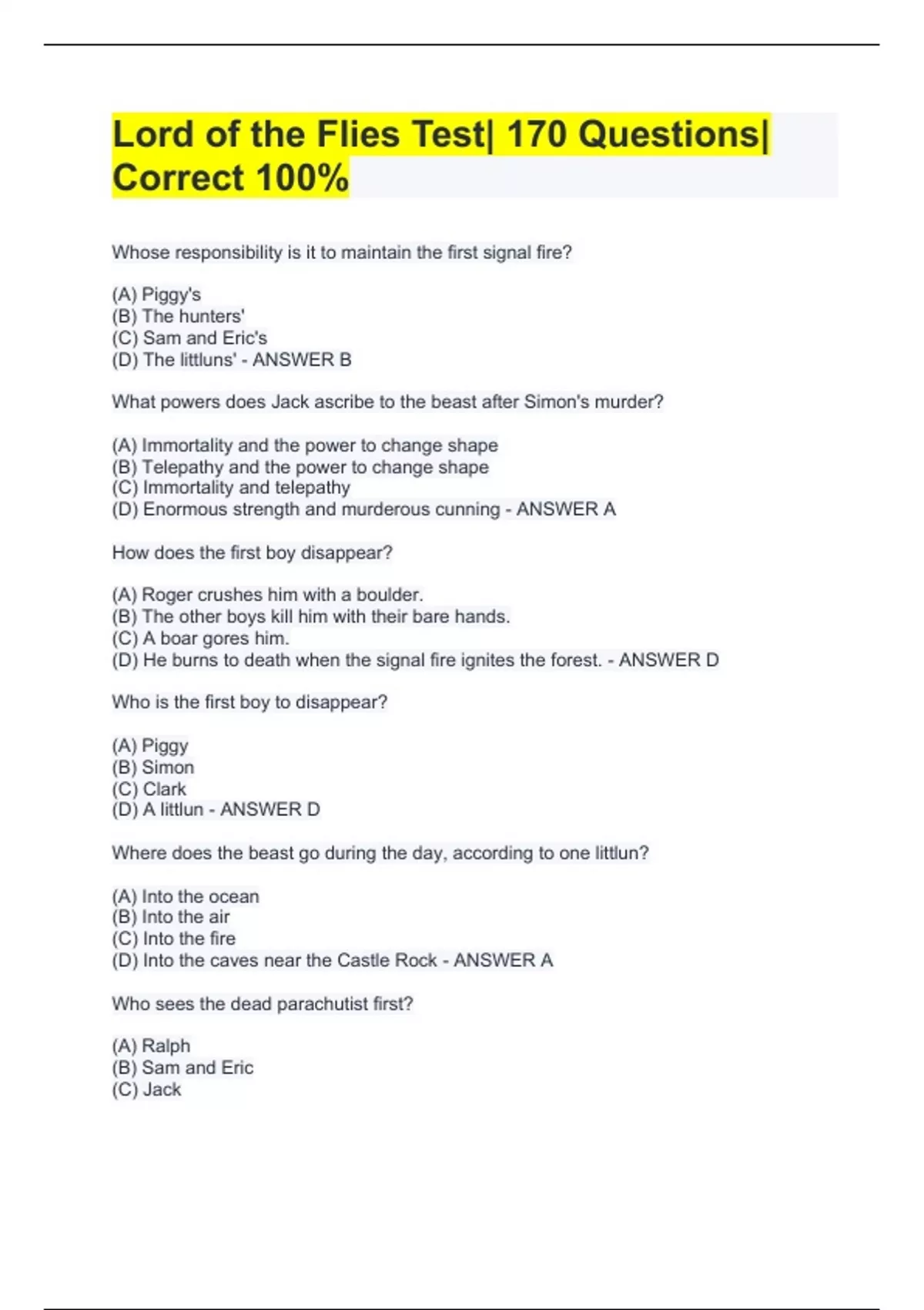 The Lord of the Flies Test Review Correct 100%(COMPLETE FULL SOLUTIONS ...
