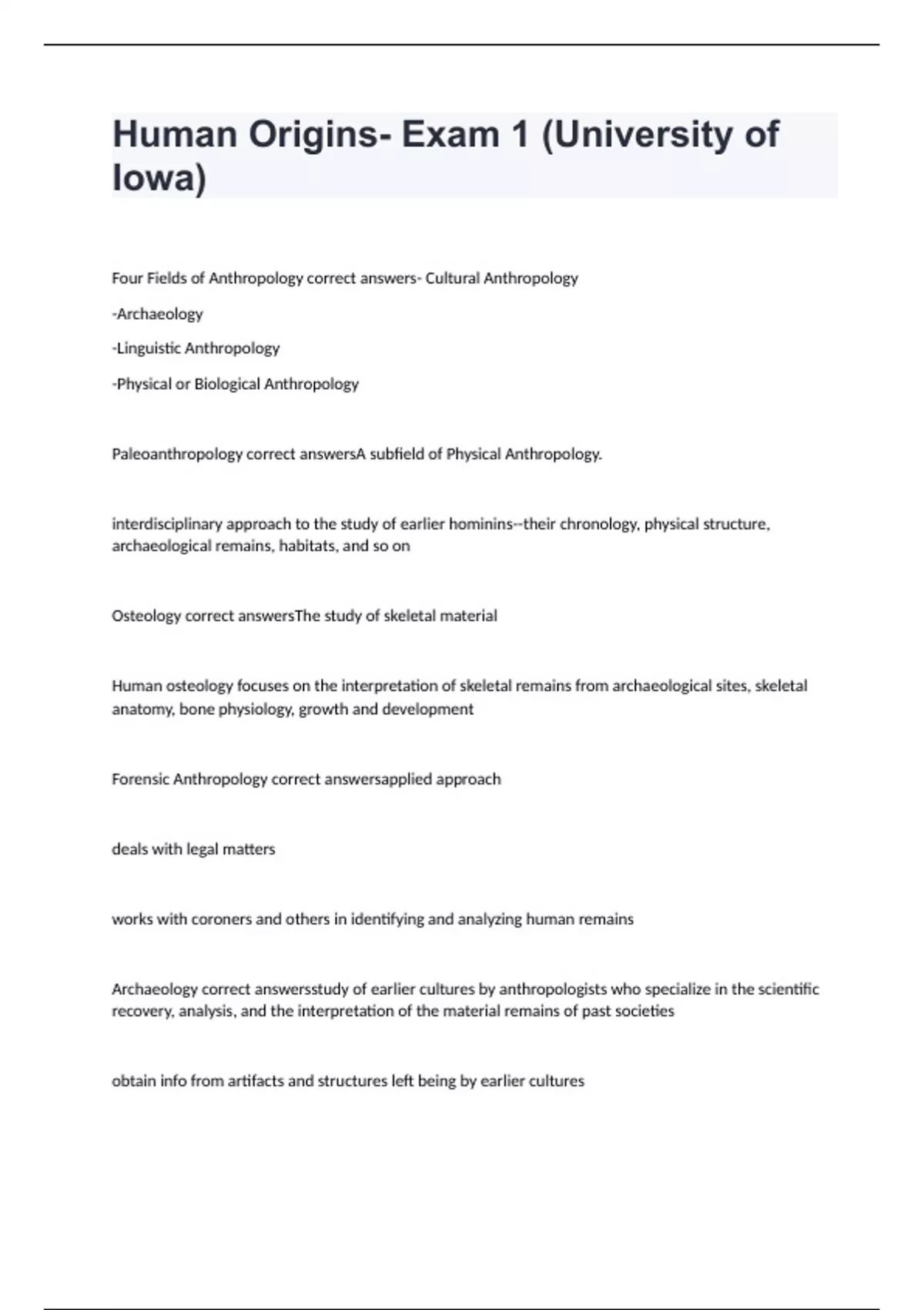 Human Origins- Exam 1 (University of Iowa) with 100% correct answers ...
